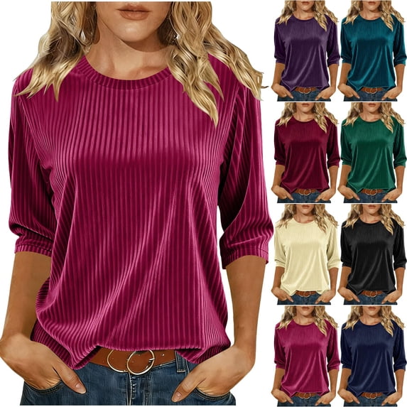 DENGDENG Women's Velvet Ribbed Tunic Top Long Sleeve Crewneck Velour ...
