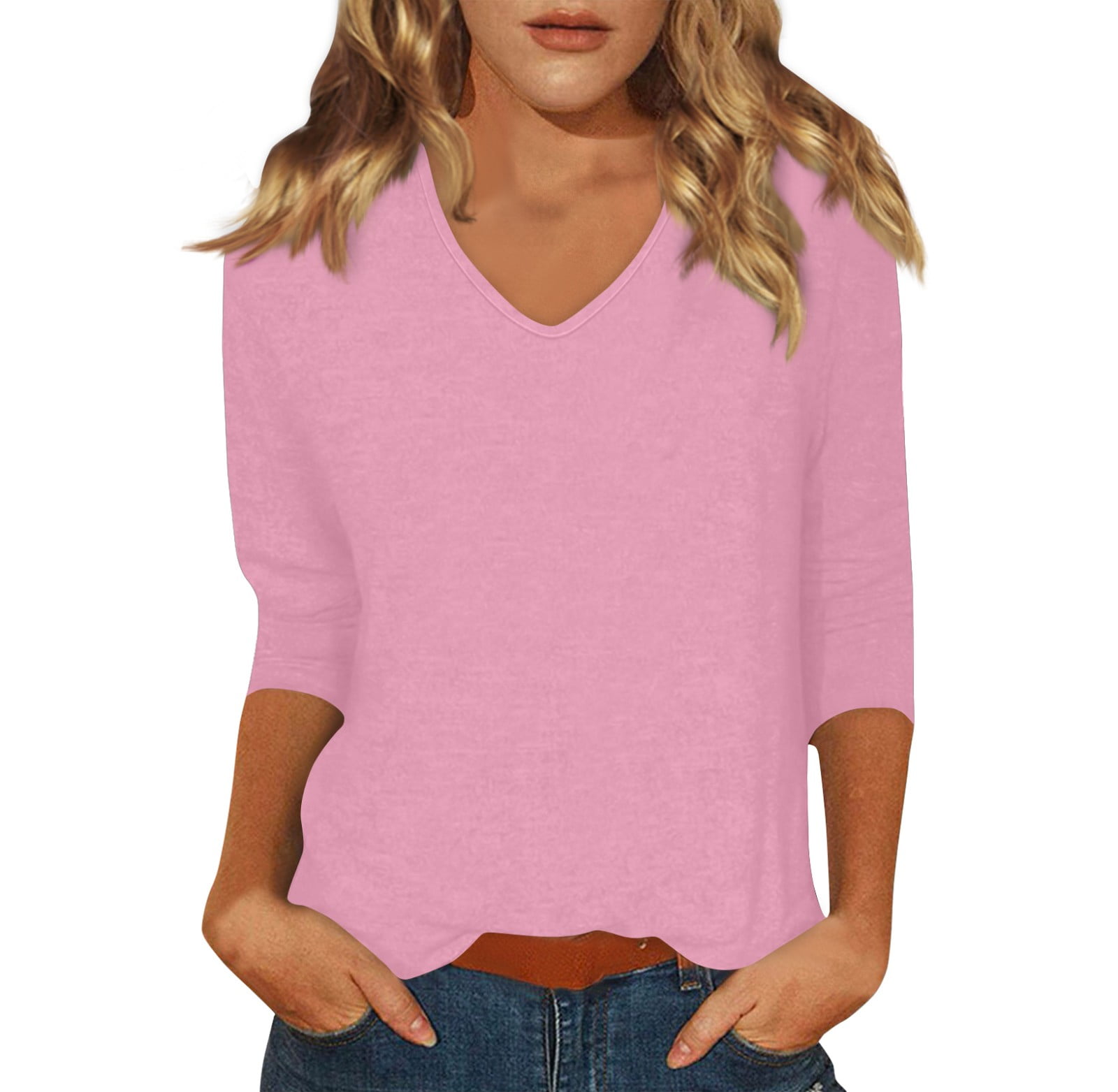 DENGDENG Womens 3/4 Sleeve Dressy Tops Elbow Casual Basic Tees Plus Size Summer V Neck Tunics ...