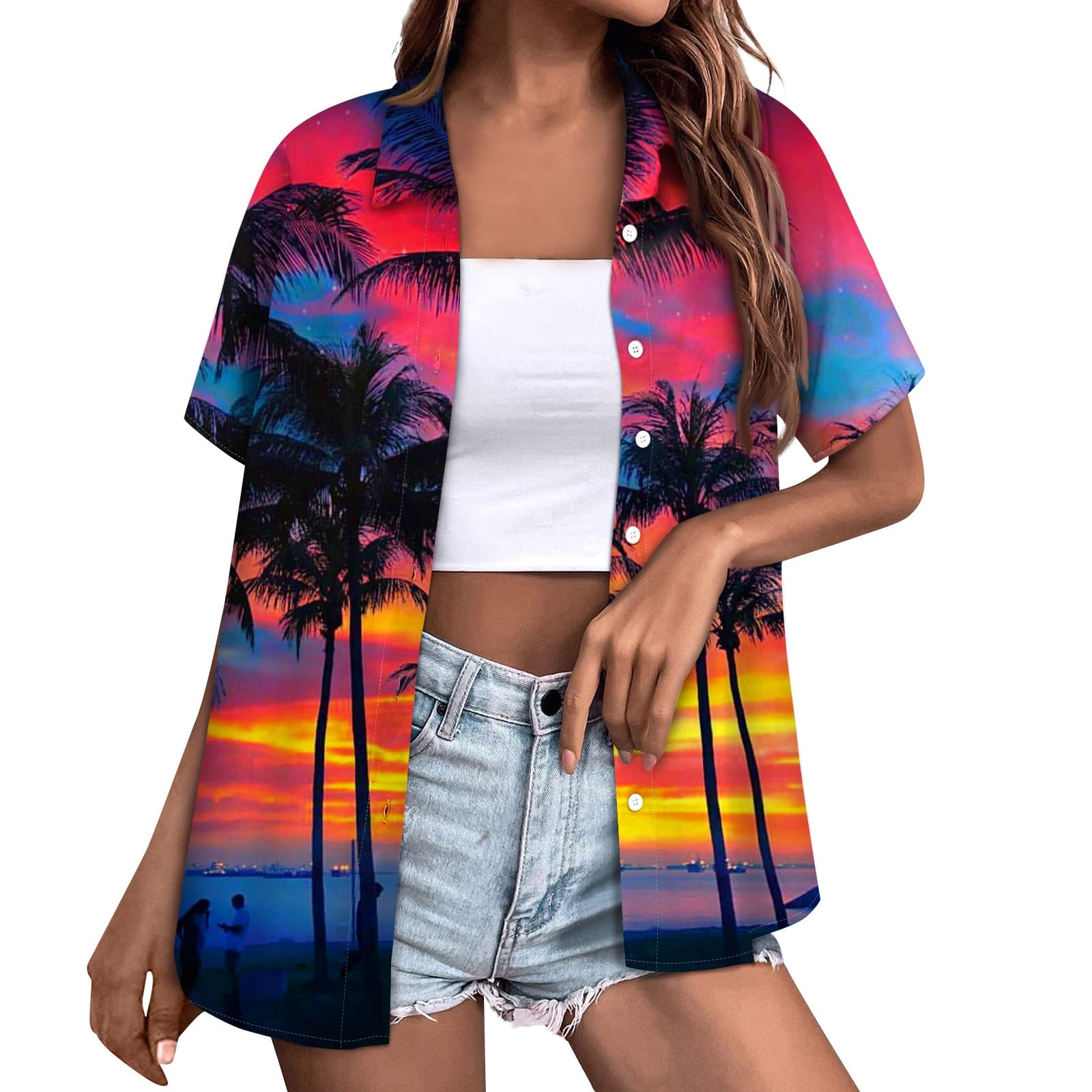 DENGDENG Womens Hawaiian Shirts Plus Size Short Sleeve Button Down ...