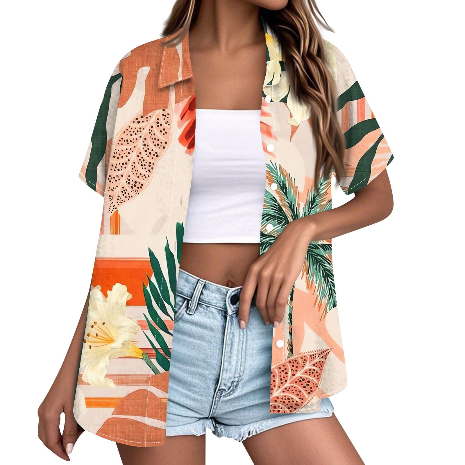 DENGDENG Womens Hawalian Shirts Plus Size Summer Tropical Print T Shirts Dressy Short Sleeve ...