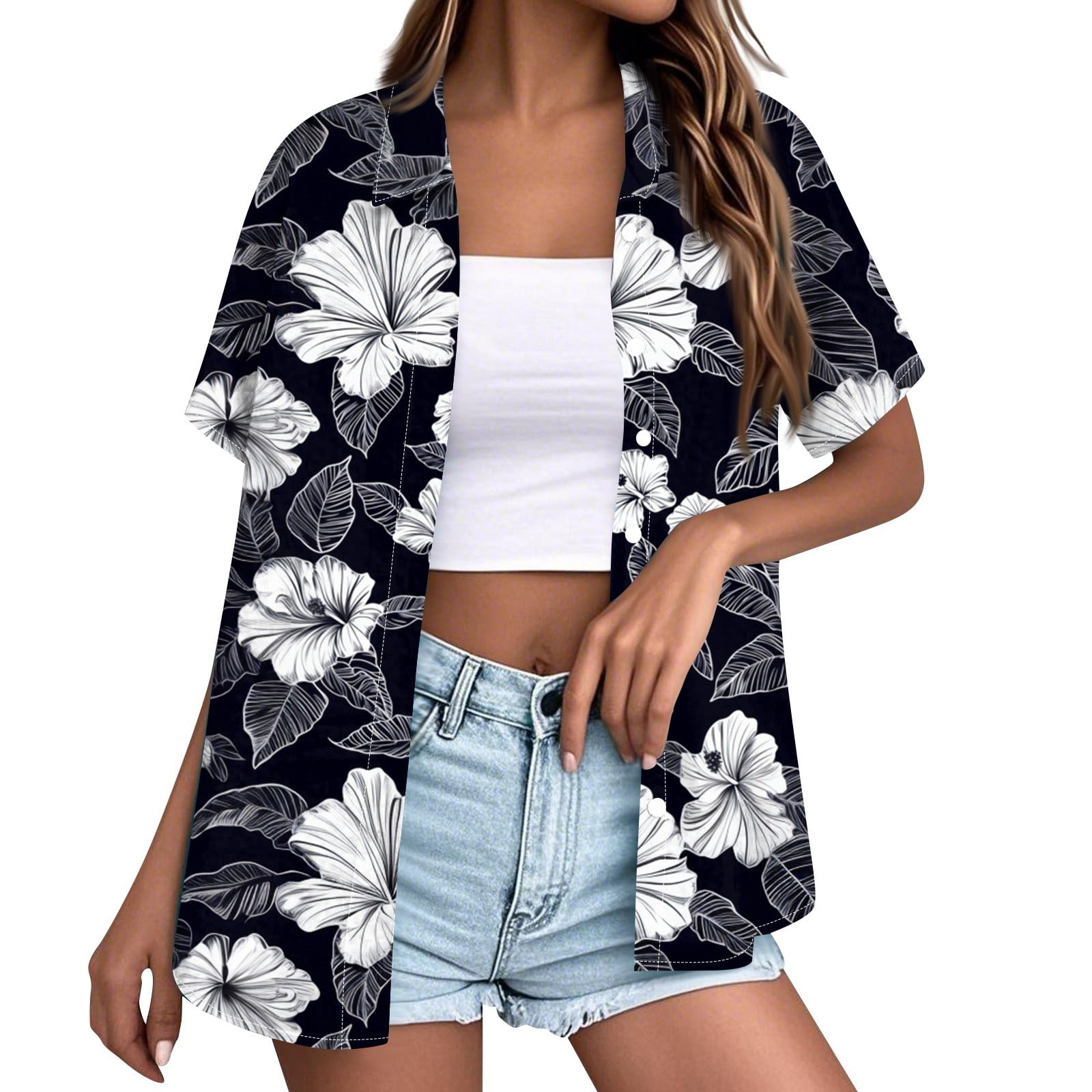 DENGDENG Womens Hawalian Shirts Plus Size V Neck Floral Tropical Print Button Down Shirts Funny ...