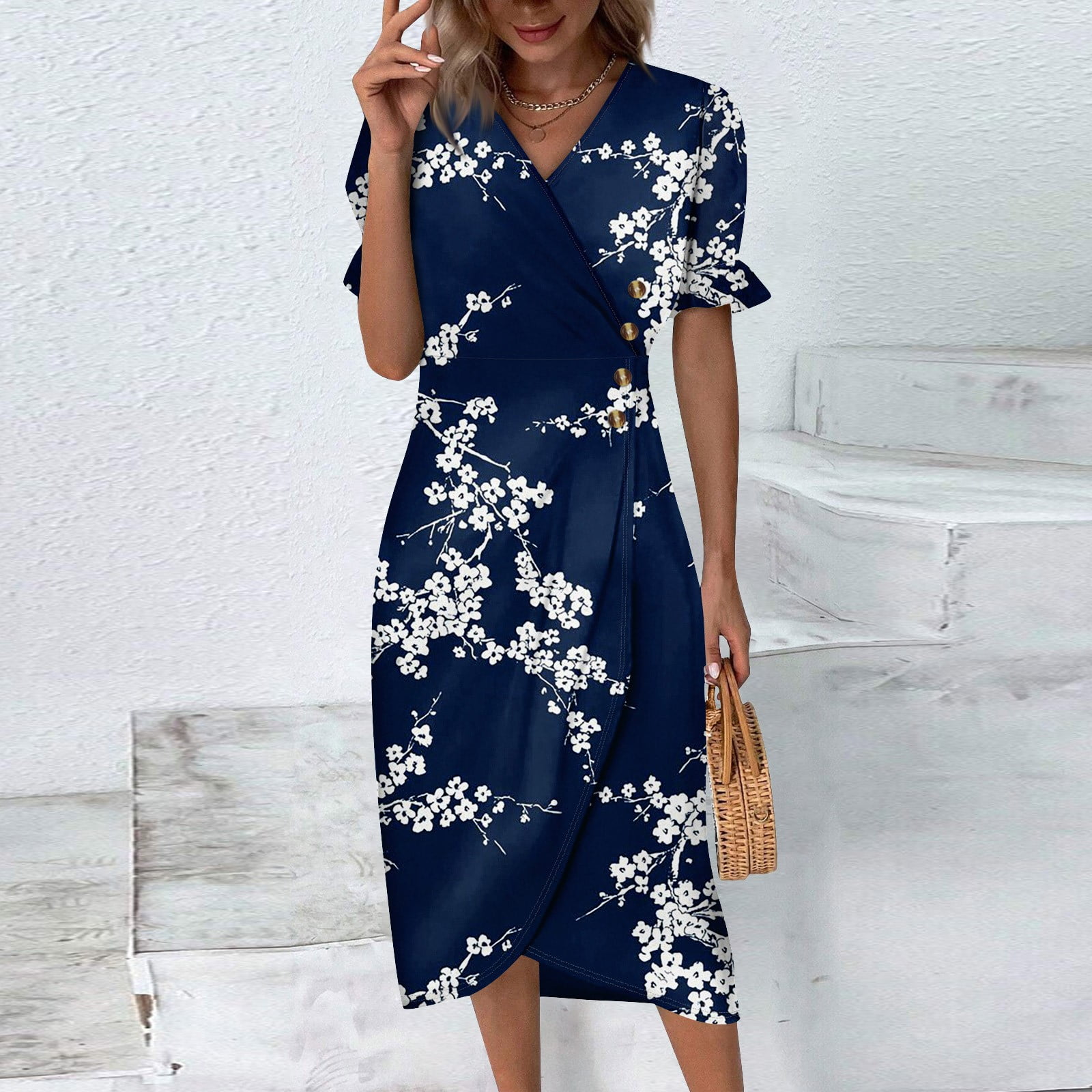 DENGDENG Womens Midi Dresses With Sleeves Summer Floral Wrap V Neck ...