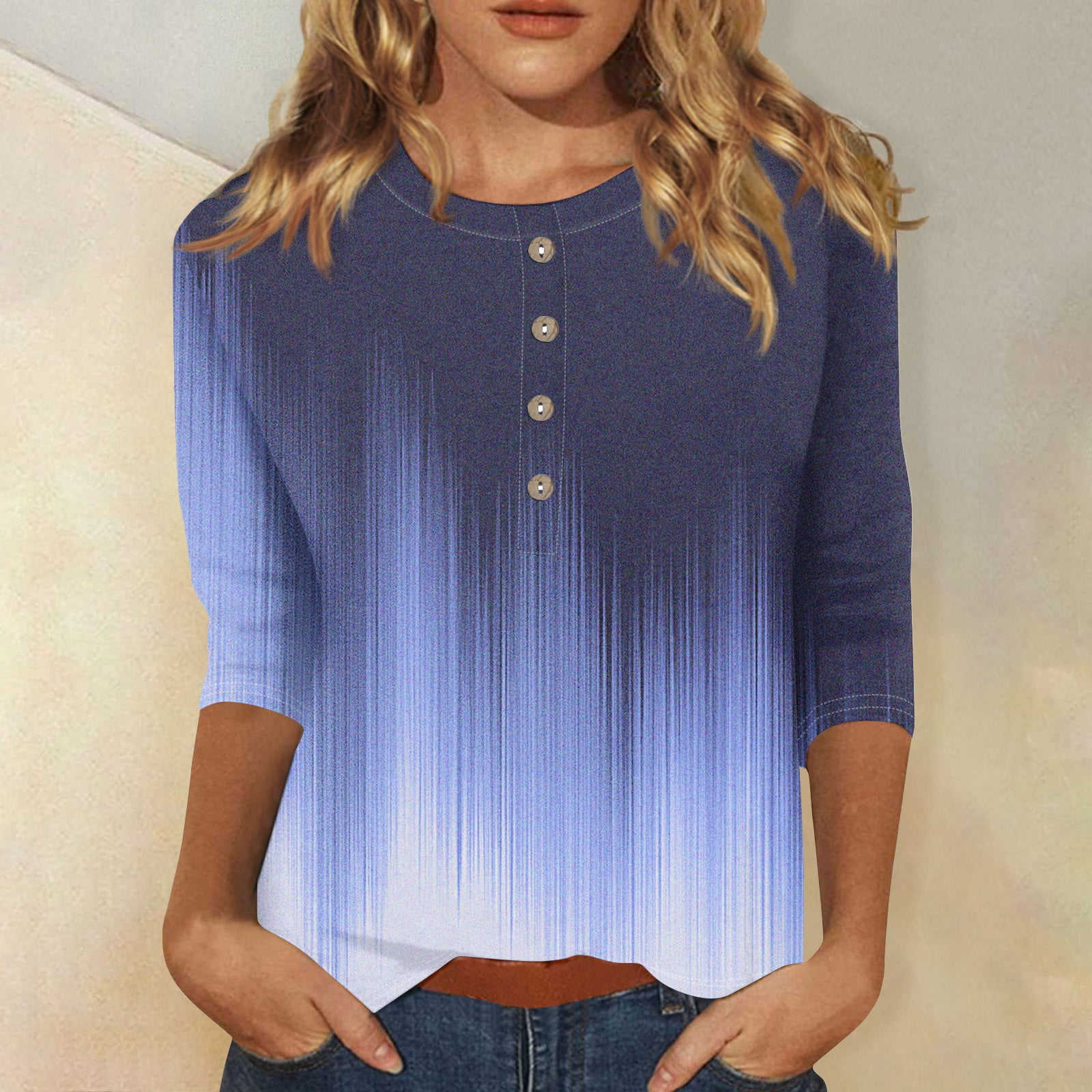 DENGDENG Womens Plus Size 3/4 Sleeve Tops Summer Elbow Button Down ...