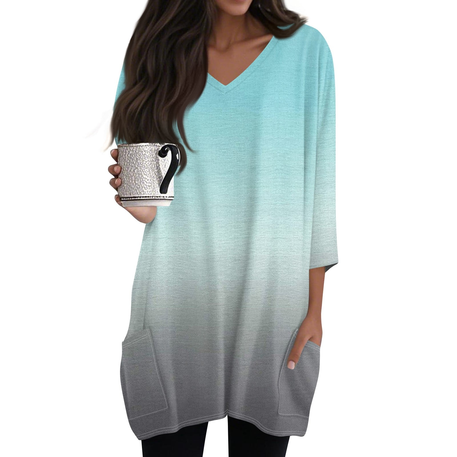 DENGDENG Womens Plus Size Tunics 2025 Summer 3/4 Sleeve V Neck Long ...