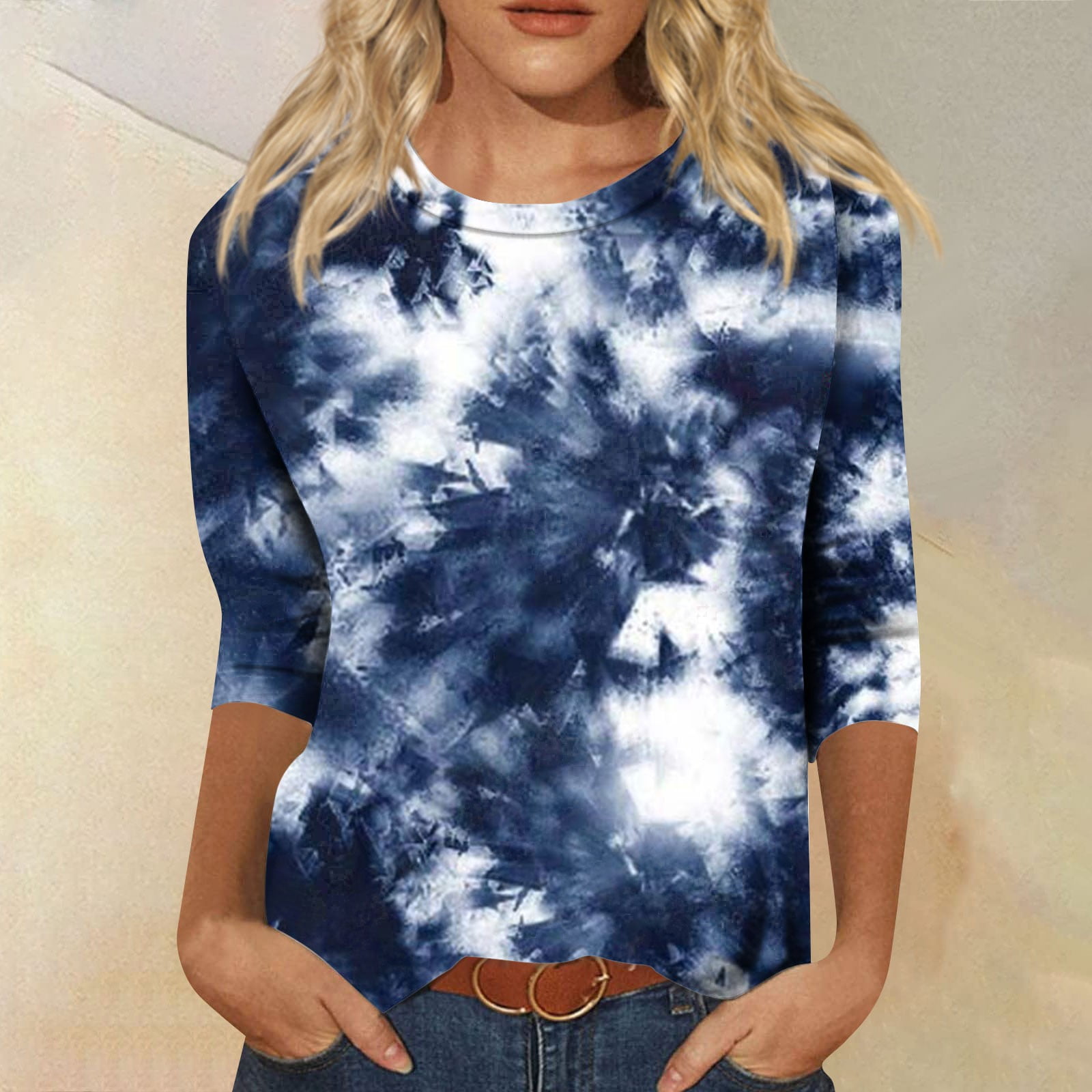 Dengdeng Womens Summer Blouses And Tops 3 4 Sleeves Tie Dye Round Neck