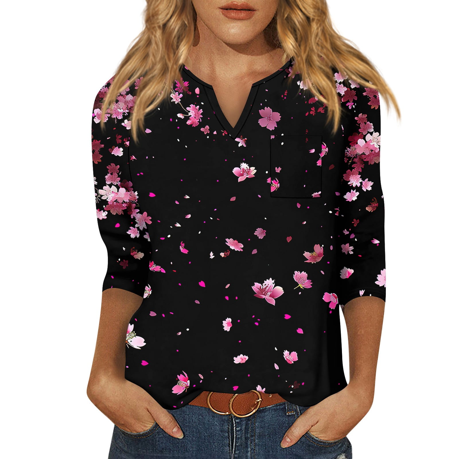 DENGDENG Womens Tops 3/4 Sleeve Fall Floral Shirt V Neck Vintage Blouse ...