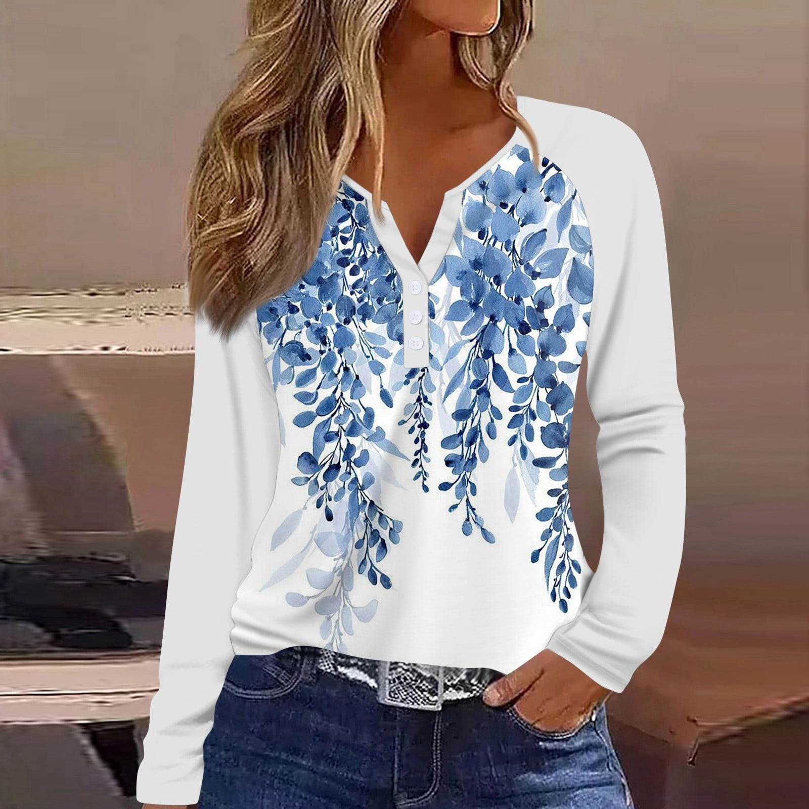 DENGDENG Work Tops for Women Floral Henley Button Down Shirts Loose Fit ...