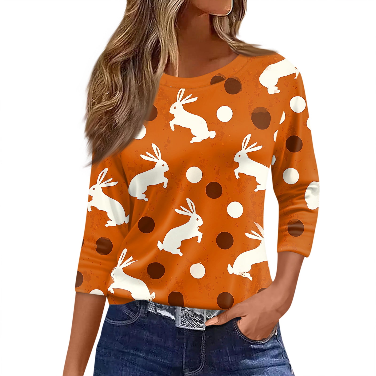 DENGDENGEaster 3/4 Length Sleeve Womens Tops Soft Stretch Bunny Egg ...