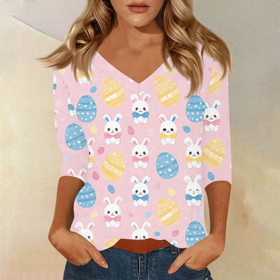 DENGDENGEaster 3/4 Length Sleeve Womens Tops Soft Stretch Bunny Egg ...