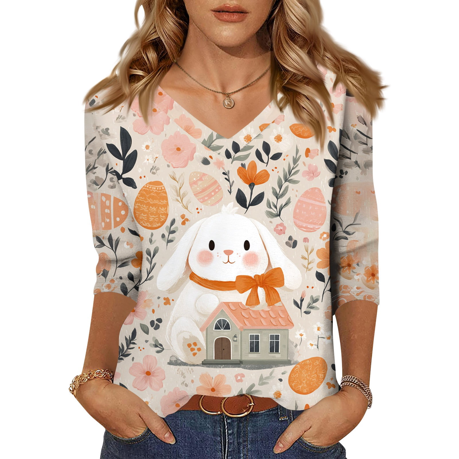 DENGDENGEaster 3/4 Length Sleeve Womens Tops Trendy Egg Bunny Printed V ...