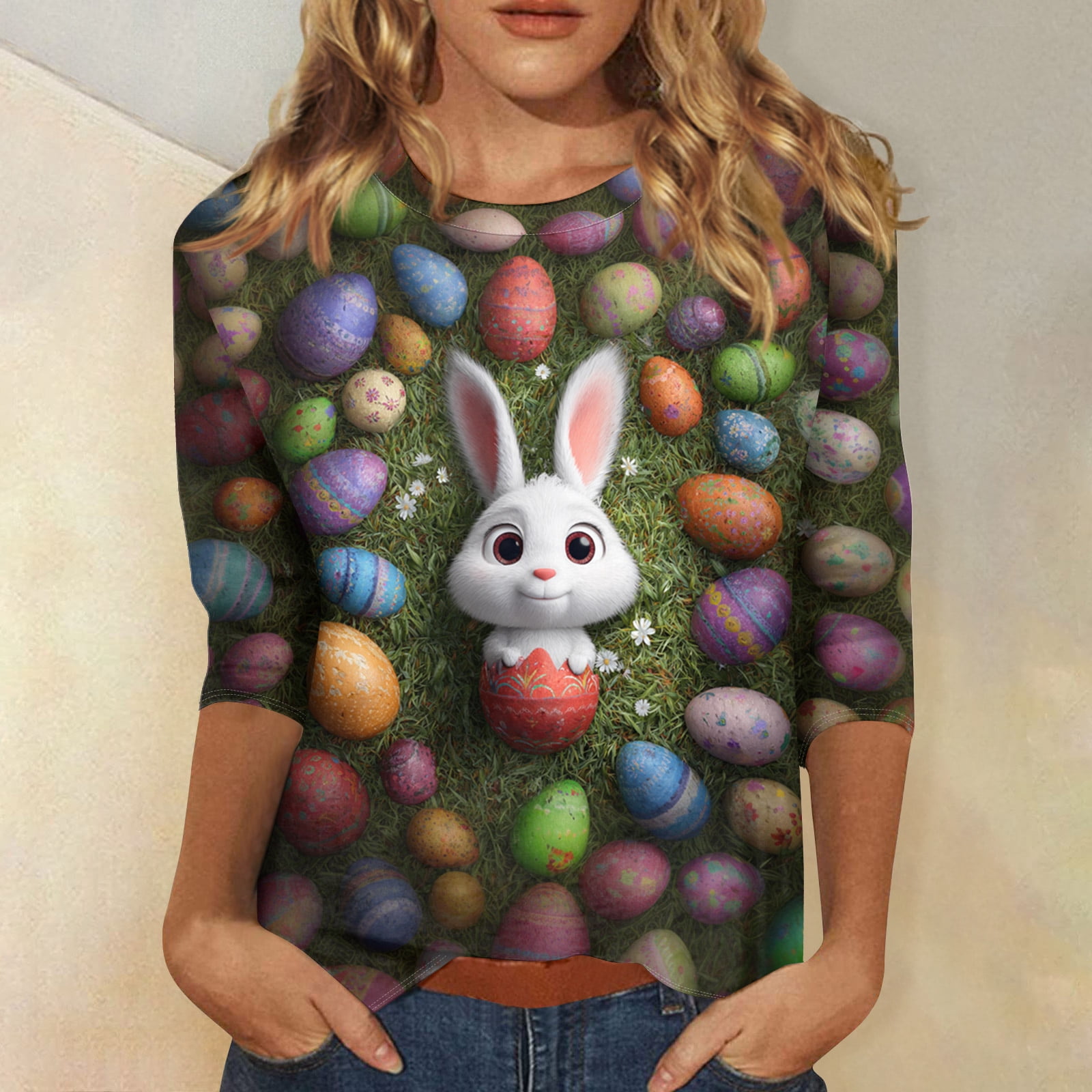 DENGDENGEaster 3/4 Sleeve T Shirts for Women Stretchy Crew Neck Egg ...