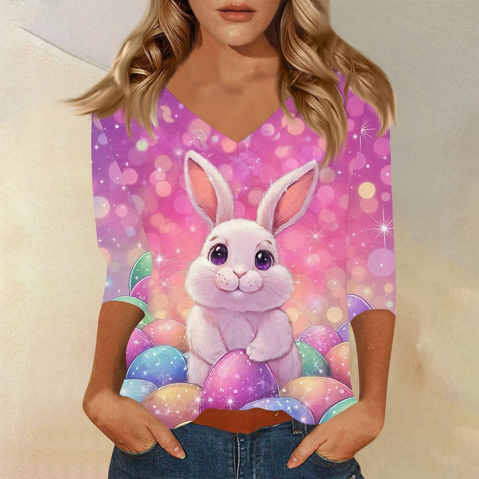 DENGDENGEaster 3/4 Sleeve T Shirts for Women Summer V Neck Egg Bunny ...