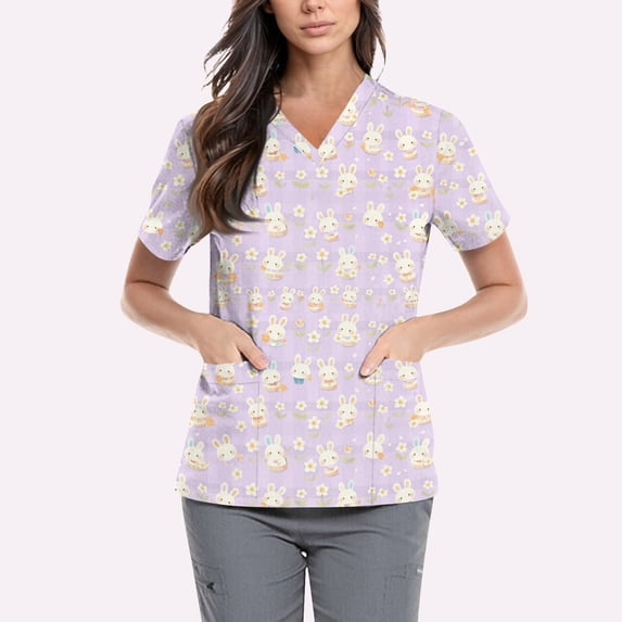 DENGDENGEaster Scrub Tops Women Cute Stretchy V Neck Bunny Egg Print ...