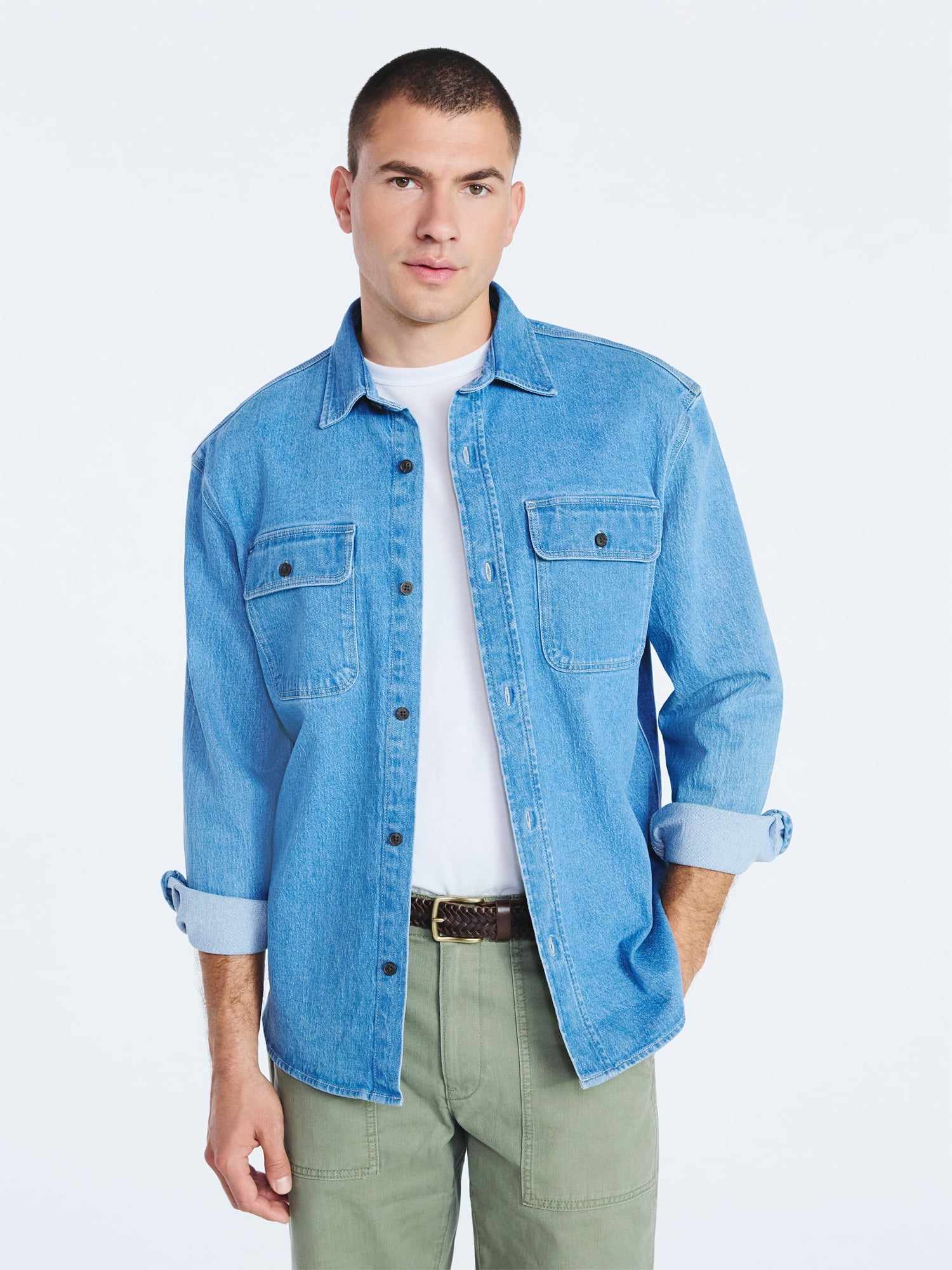 Free Assembly Men's Heavyweight Denim Overshirt with Long Sleeves ...