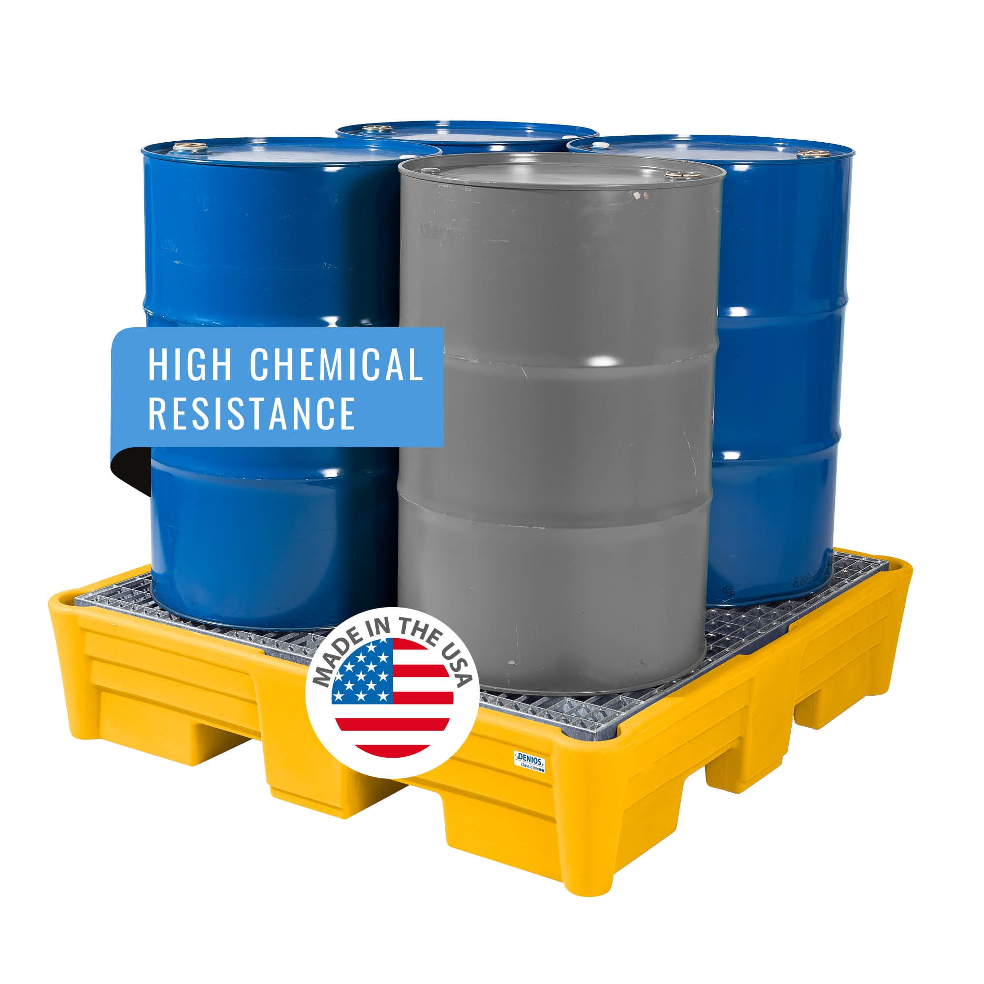 DENIOS® Yellow Spill Containment Pallet for 4 Drums | 66 Gal Sump | 52 ...