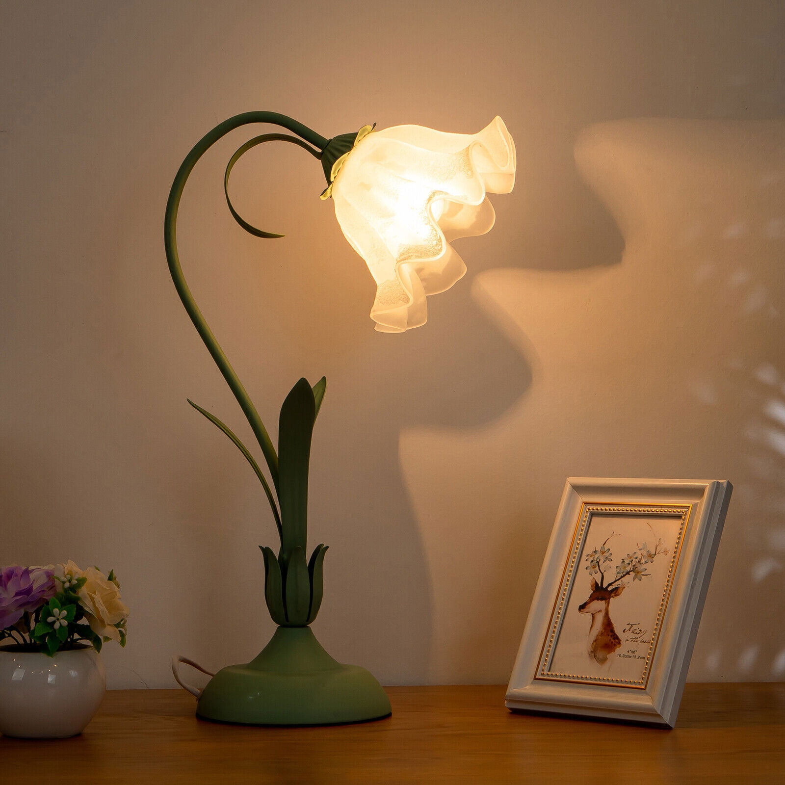 DENSET Table Lamp Flower Shape Lily Shaped Glass Shade Bedside Desk ...