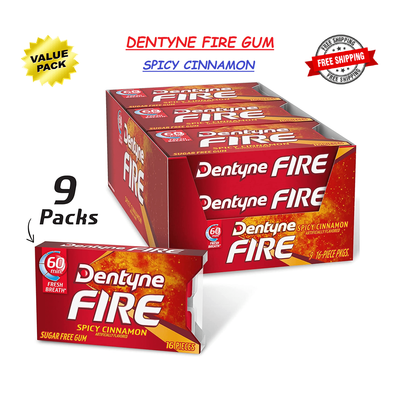 DENTYNE FIRE Spicy Cinnamon, Sugar Free Gum, 16 Pieces (Box of 9 Count ...