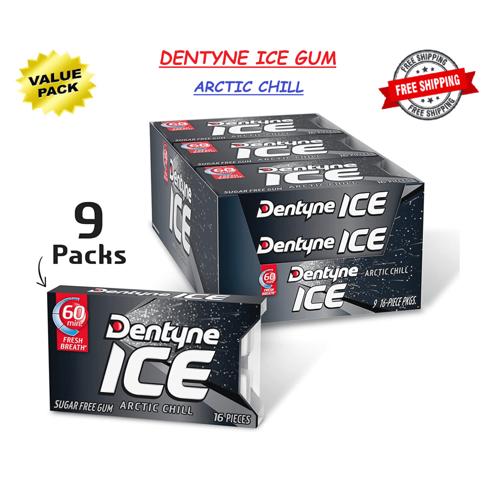 DENTYNE ICE Arctic Chill, Sugar Free Gum, 16 Pieces (Box of 9 Count ...