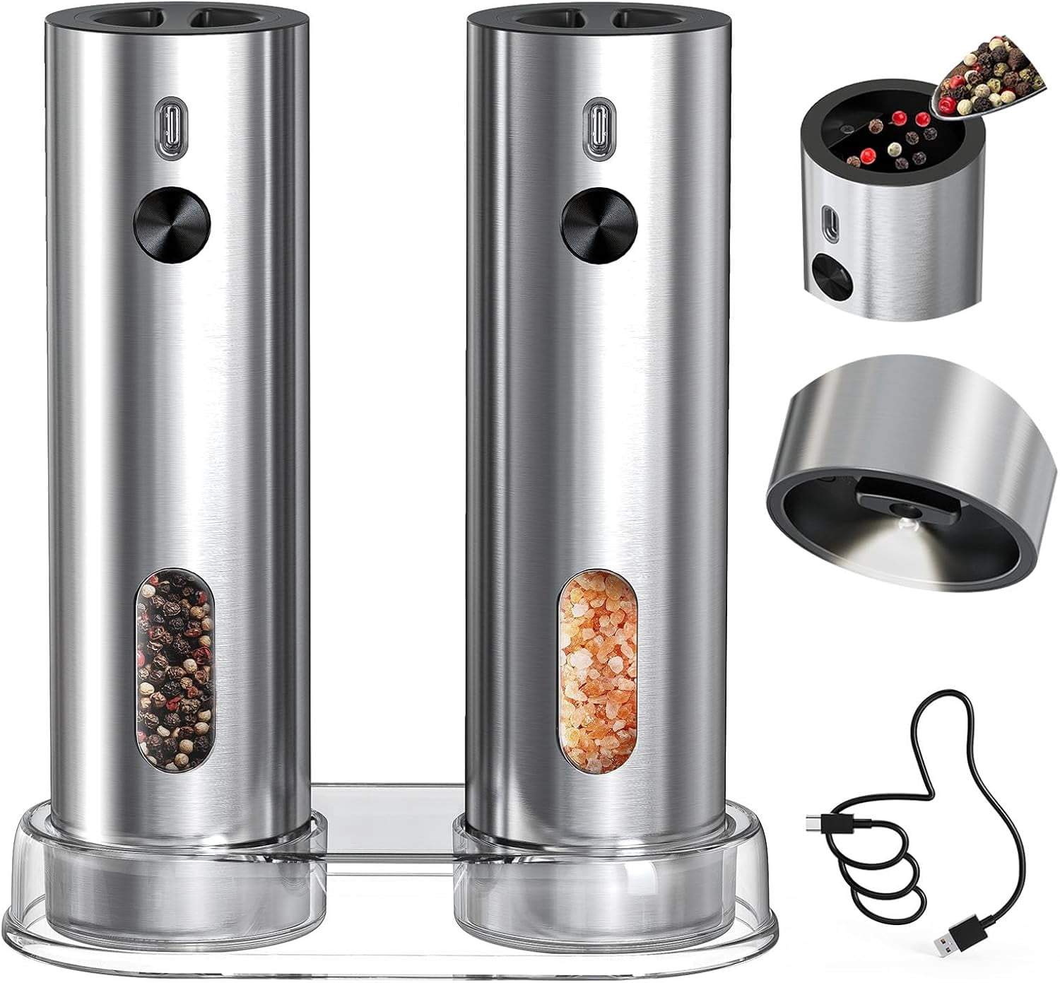 DENZUS Electric Salt and Pepper Grinder Set Top-Refill Automatic Salt ...