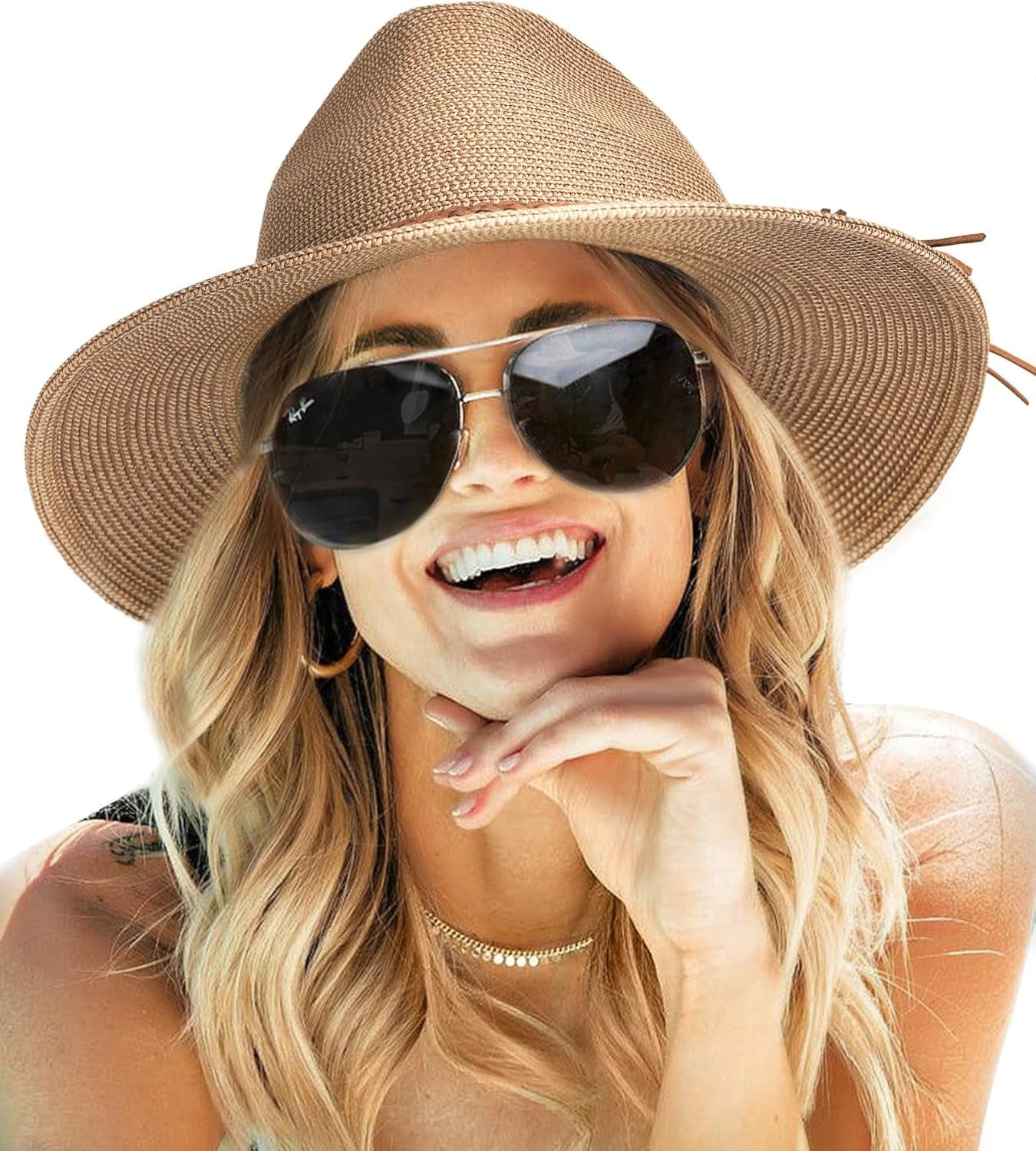 DENZUS Sun Hats for Women Summer Wide Brim UV UPF 80+ Panama Fedora Foldable Packable Straw ...