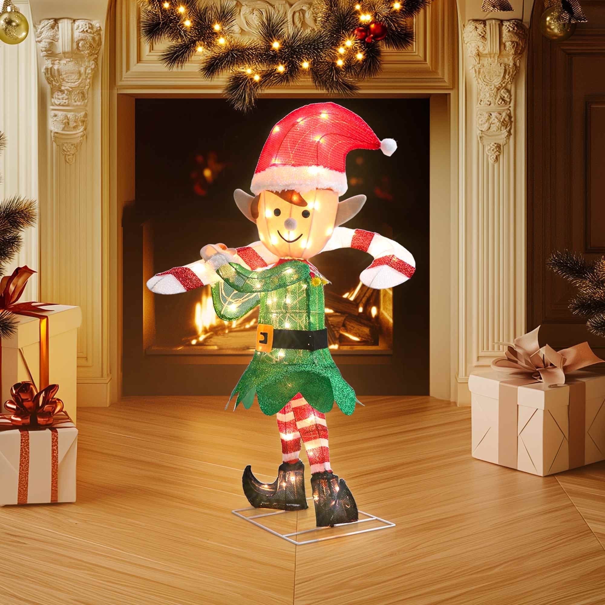 DEORAB 38IN Tall Elf Outdoor Christmas Elves Carry Candy Canes Decoration Lighted Yard Garden ...