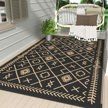 SIXHOME 9x12 Waterproof Rug, Reversible Black & White Tropical Palm ...