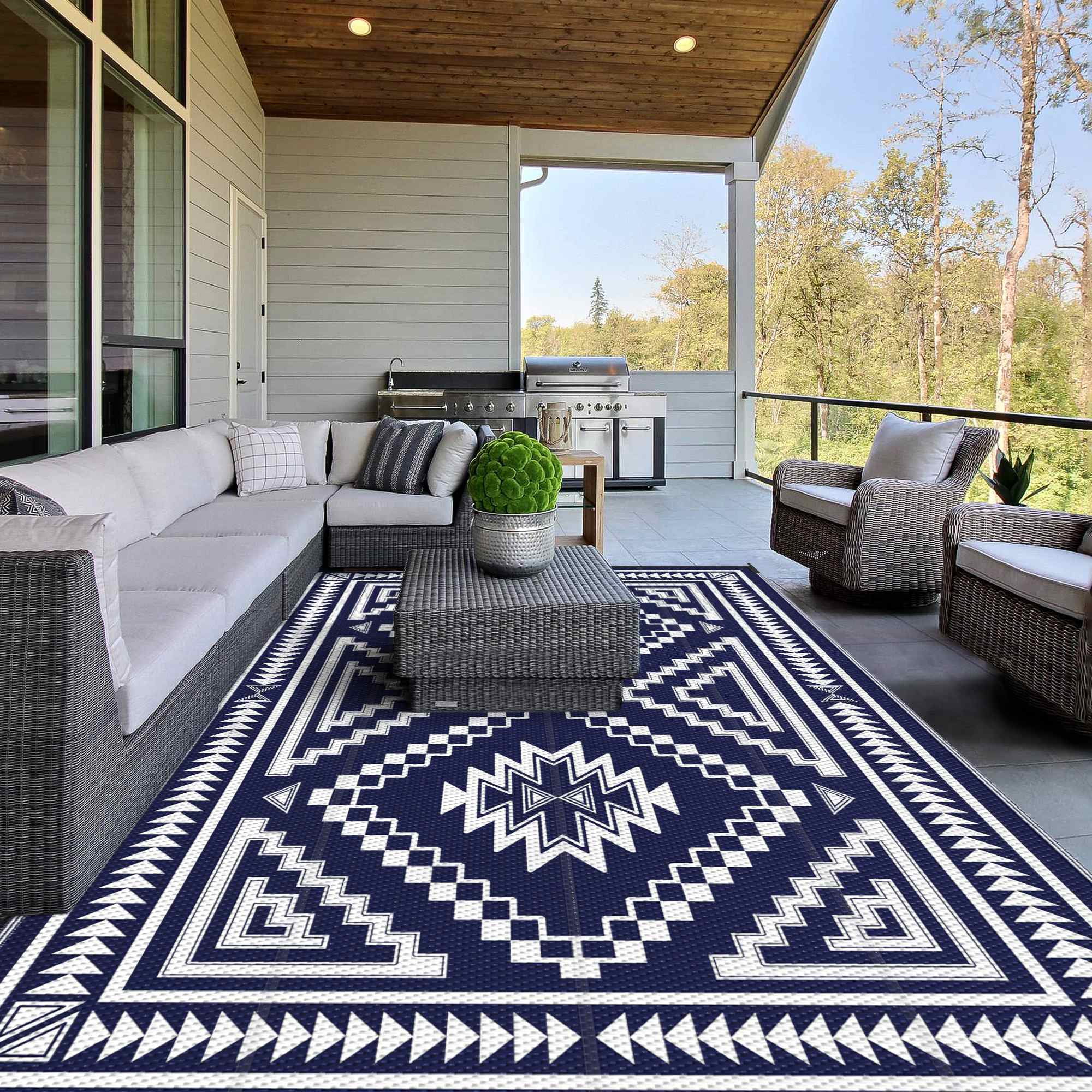 DEORAB Outdoor Patio Rug, 5'x8' Waterproof Reversible Straw Mat, Blue ...