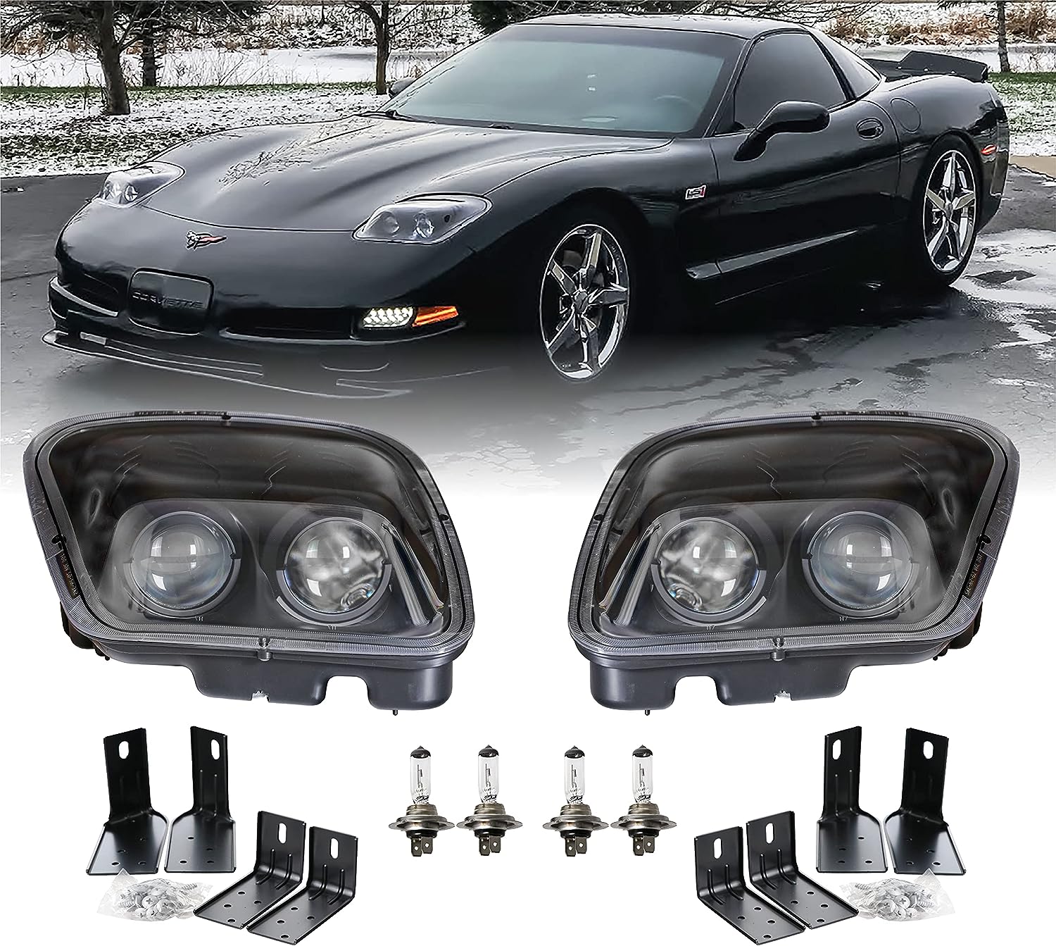 DEPO 97-04 Corvette C5 Plug and Play Black Housing Clear Lens Projector ...