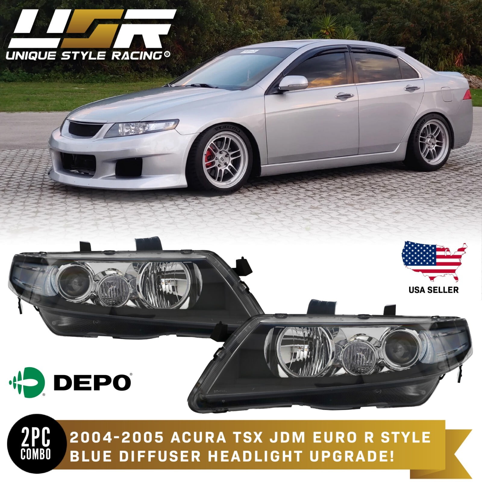 DEPO Euro R CL7 JDM Headlights Blue / Clear Lens Fit 2004-2005 Acura ...