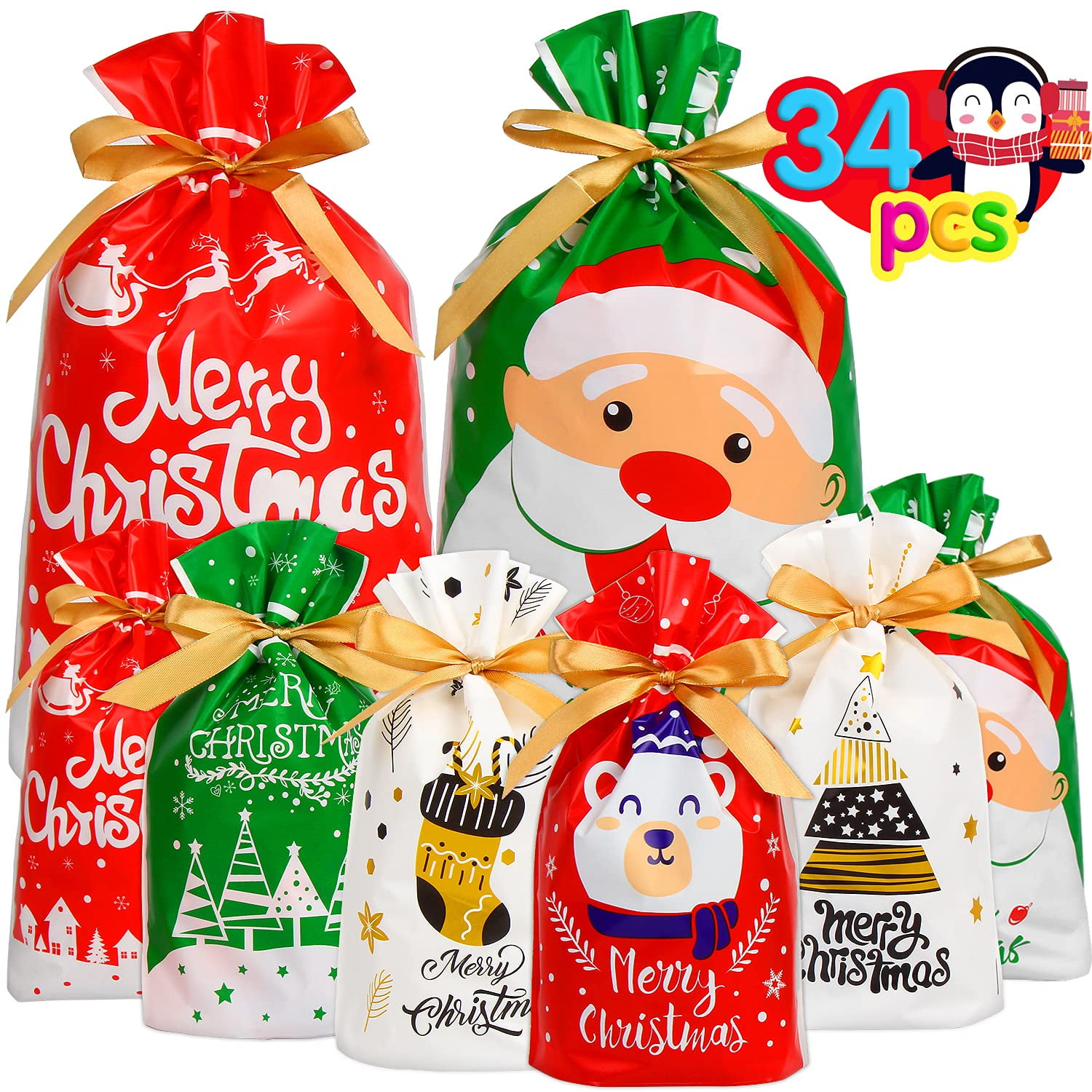 DERAYEE Drawstring Christmas Gift Bags, Assorted Size Xmas Plastic ...