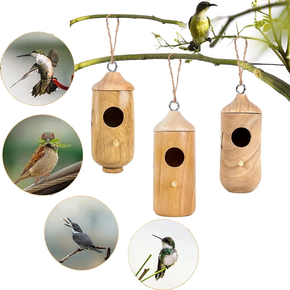 DERCLIVE 3Pcs Natural Wood Hummingbird House,Outside Hummingbird Houses ...