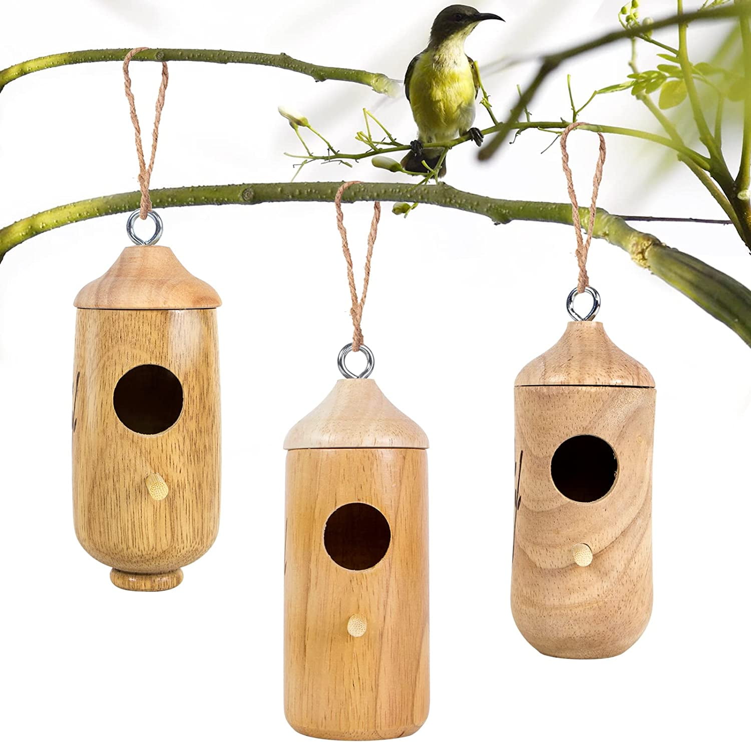 DERCLIVE 3Pcs Natural Wood Hummingbird House,Outside Hummingbird Houses ...