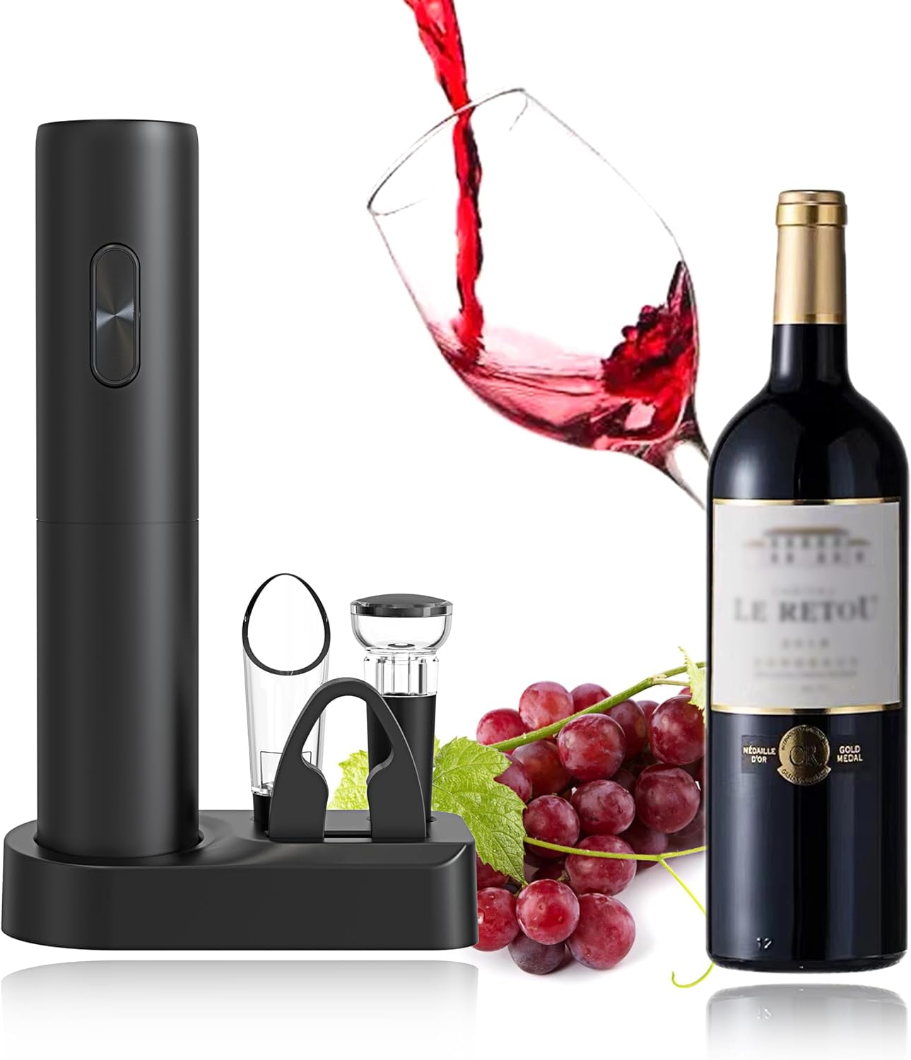 DERCLIVE Electronic Wine Opener with Corkscrew, Foil Cutter, Pourer, Vacuum Stoppers, 4-in-1 Set ...