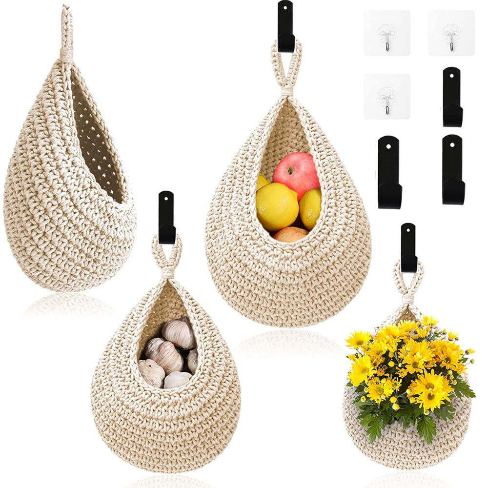 DERCLIVE Handwoven Cotton Rope Hanging Storage Baskets, Handles, Set of ...