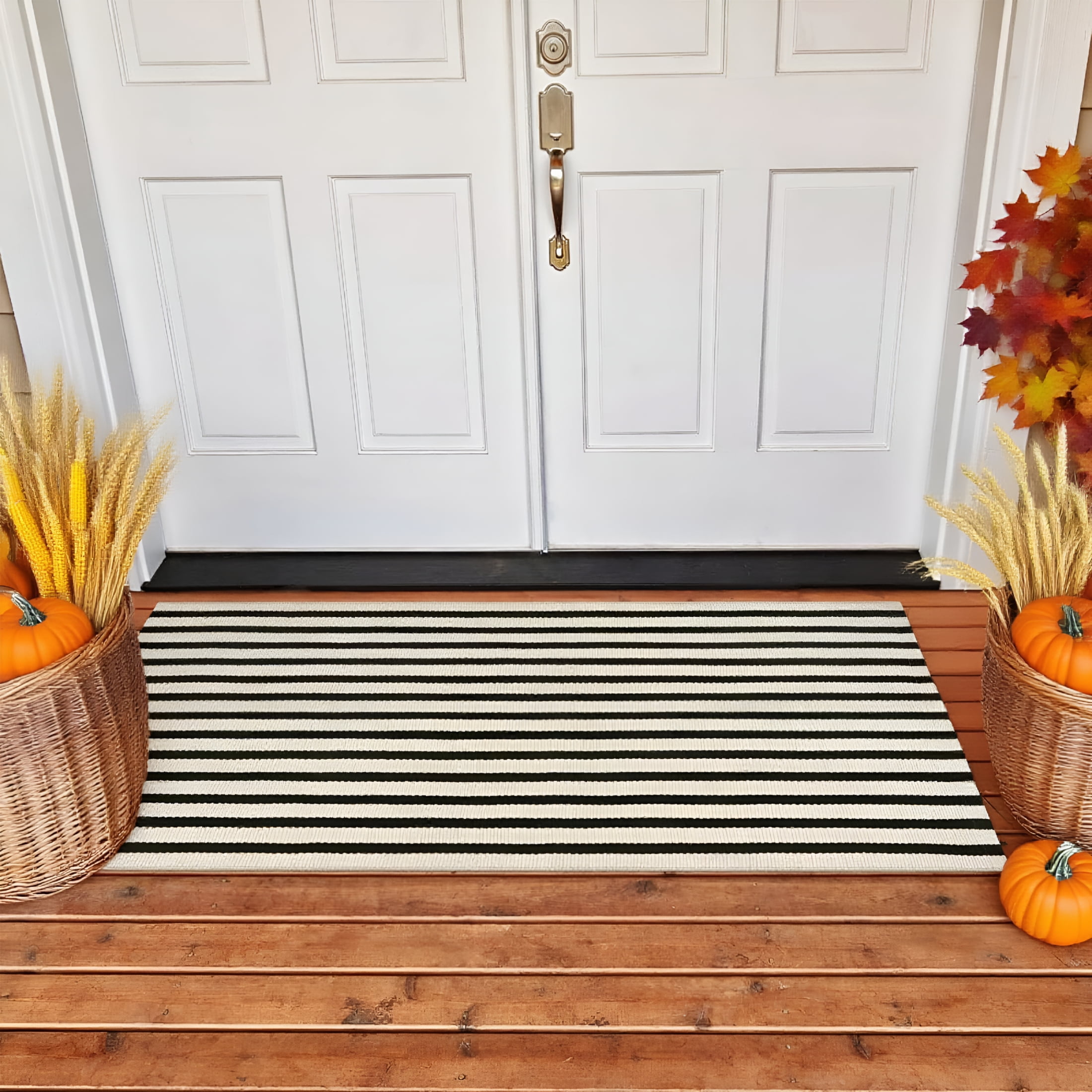 DERONA Thanksgiving Striped Flock Door Mat for Fall Front Porch ...