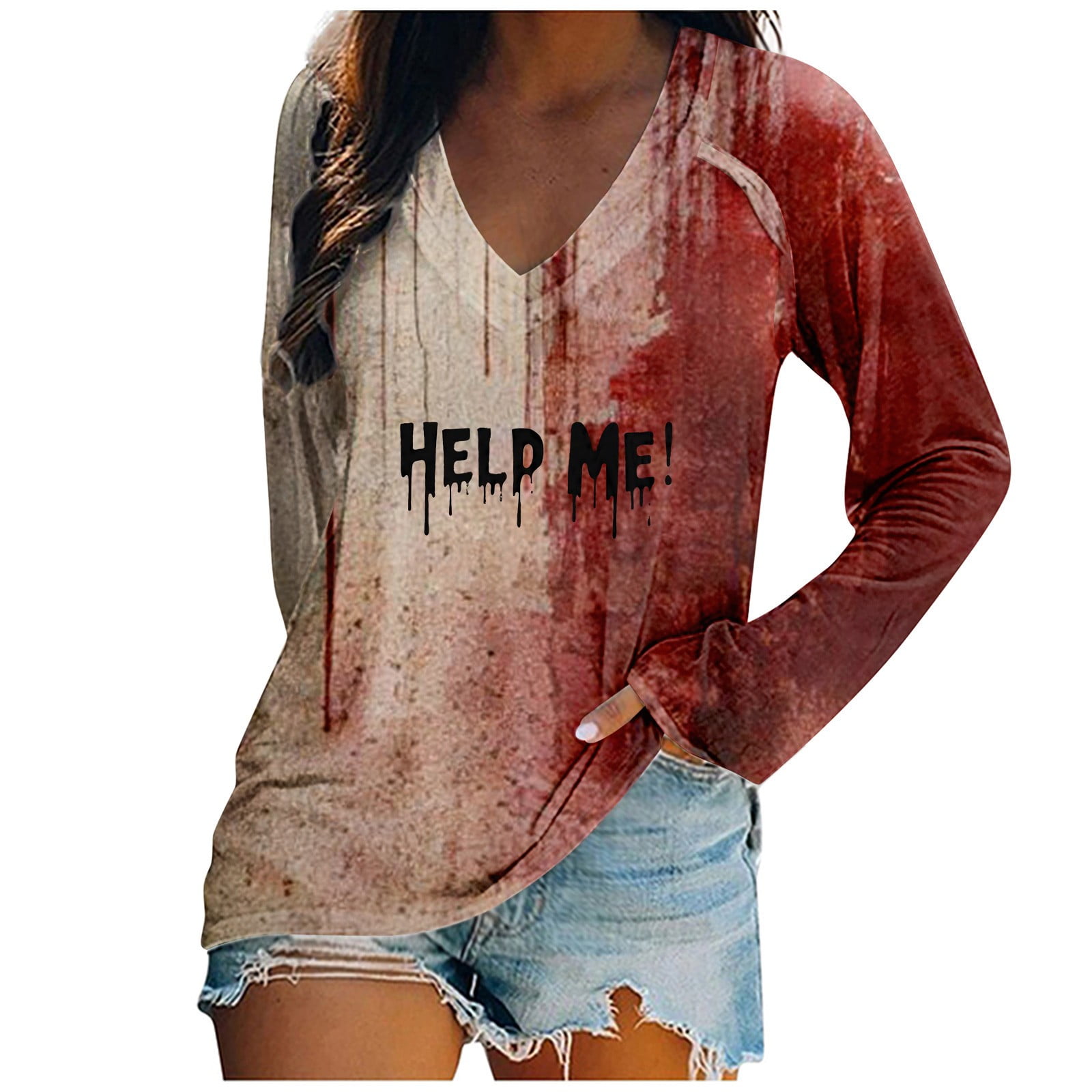 DEROX Women's Halloween Tops Scary HELP ME Bloody Casual V Neck T-Shirt ...