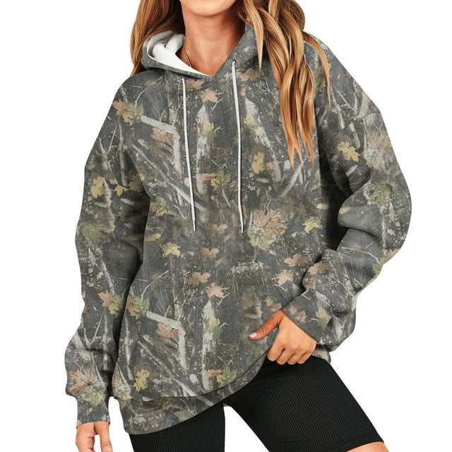 Derox Womens Hoodies Camo Hoodie Oversized Maple Leaf Maple Leaf Print
