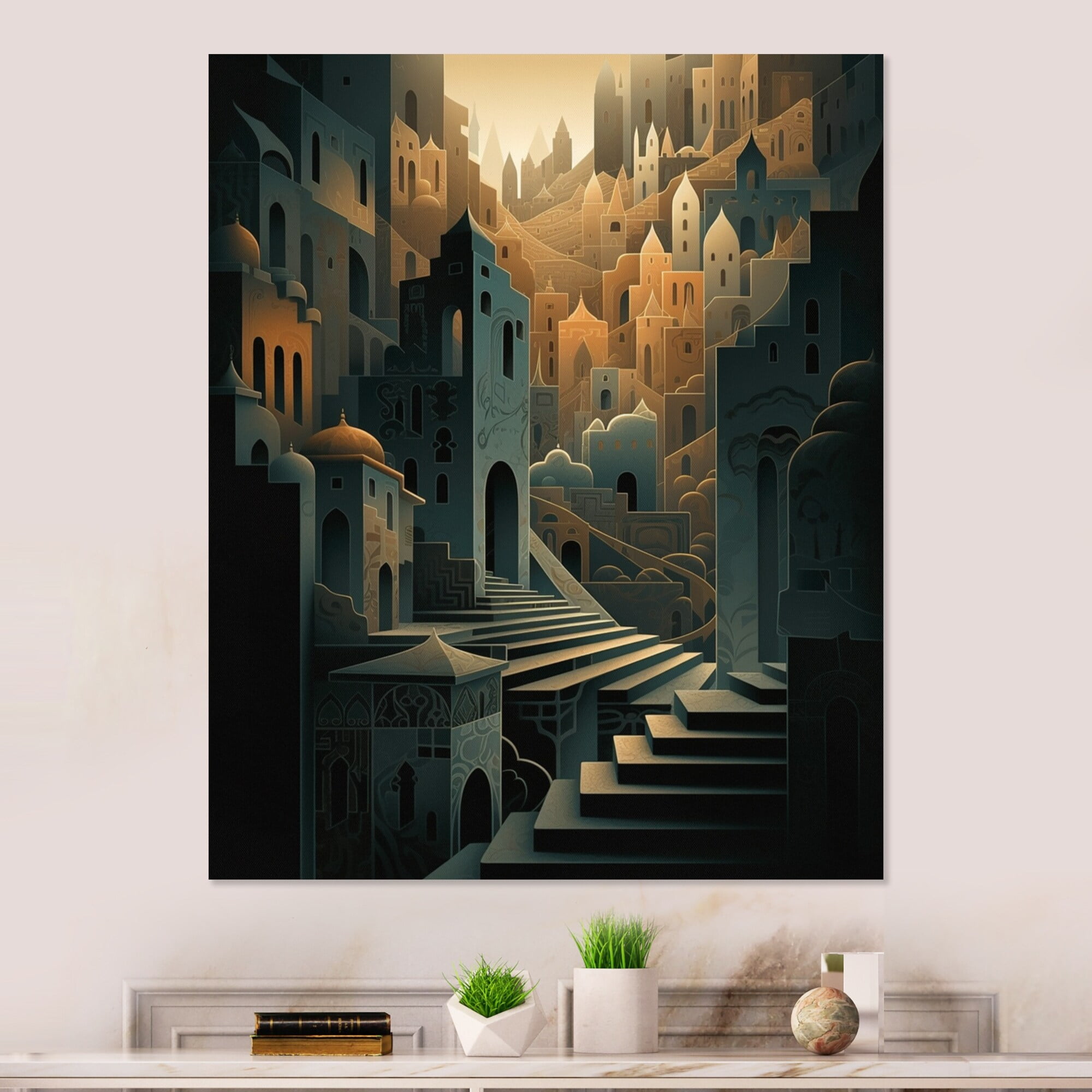 DESIGN ART Designart "Arabic City Hills I" Surrealism landscape Metal Wall Art 24 in. wide x 32 ...