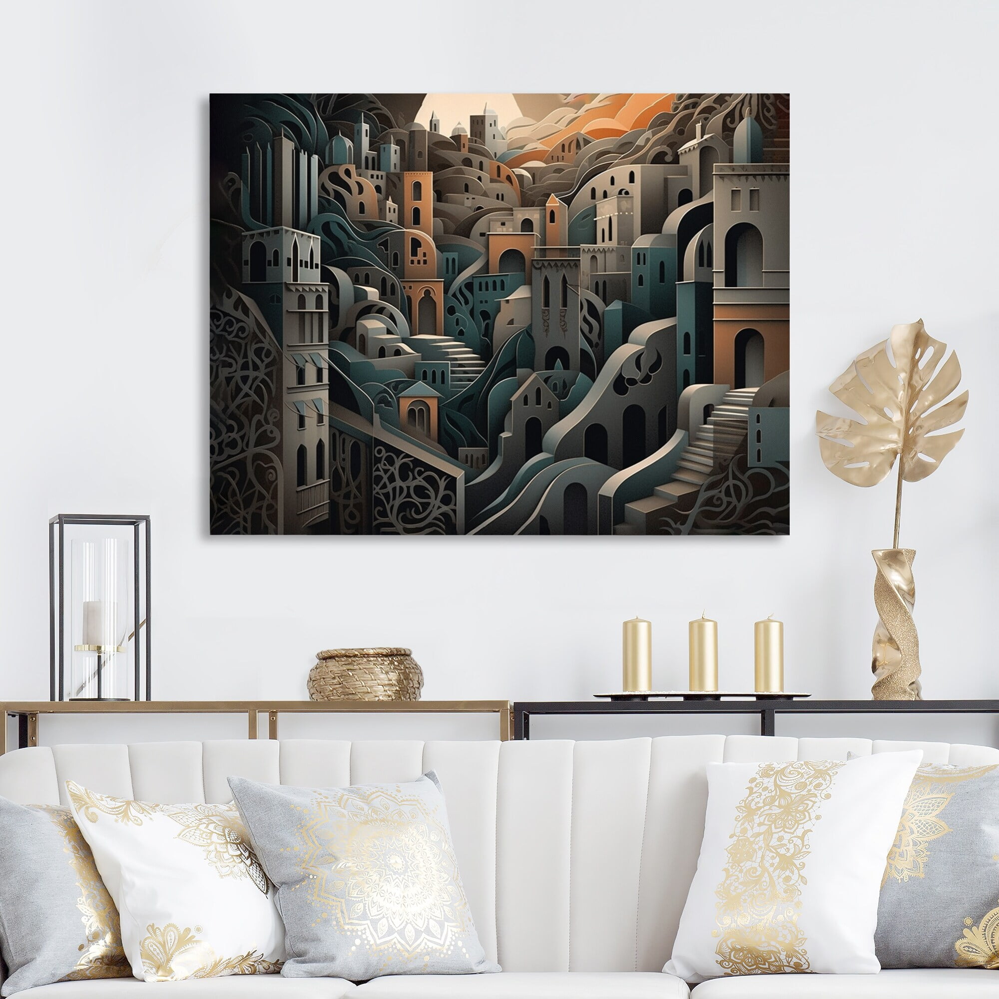 DESIGN ART Designart "Arabic City Hills Iii" Surrealism Landscape Wall Art Prints 32 in. wide x ...