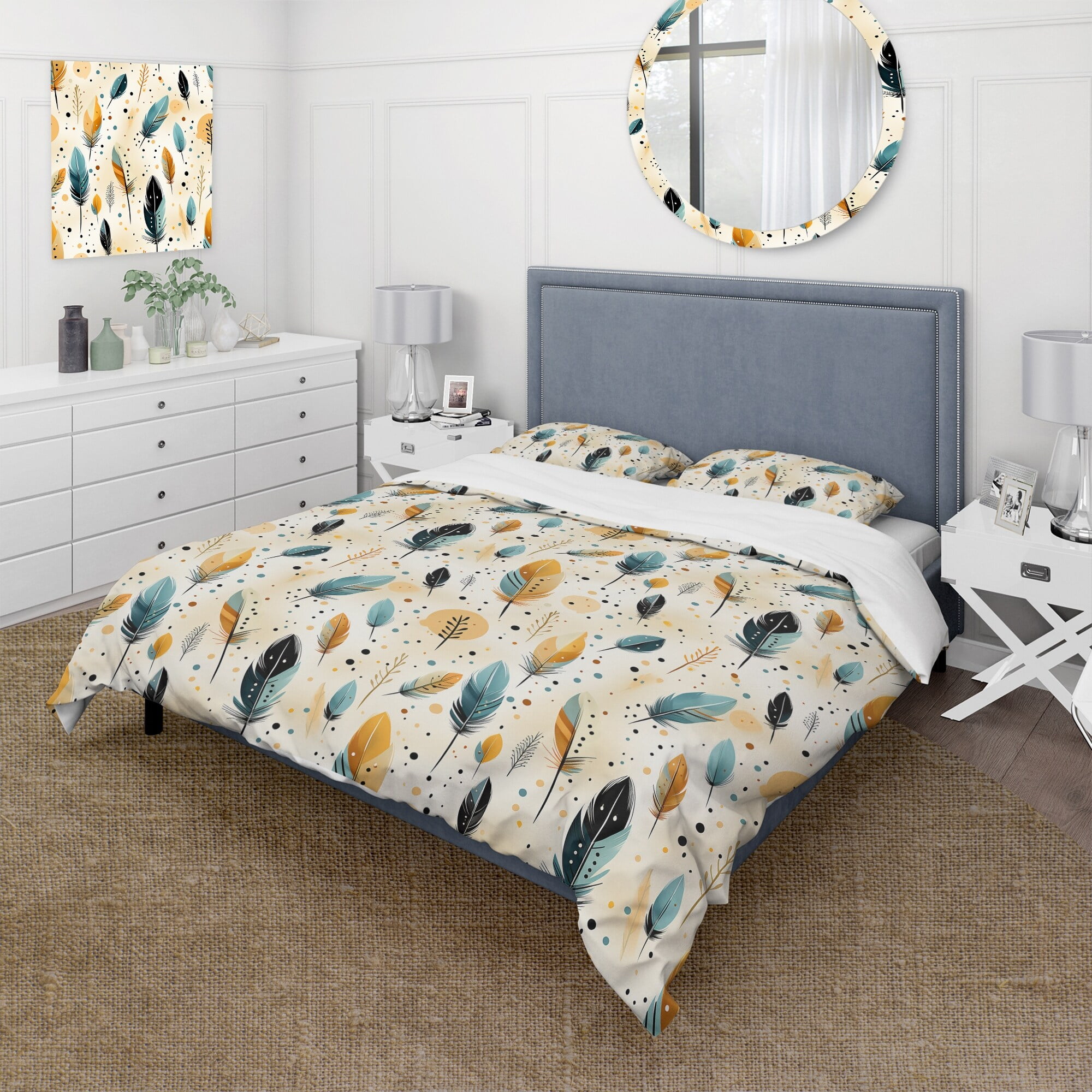 DESIGN ART Designart "Beige Urban Nomadic Feathers Pattern" Blue Floral ...