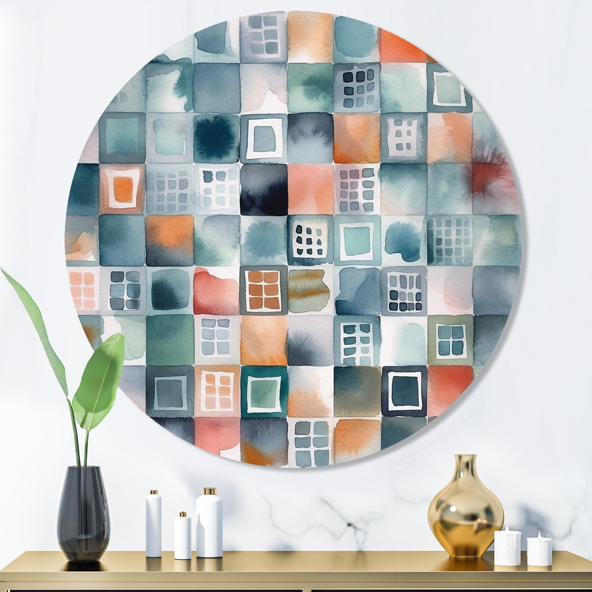 Designart "Blue Form Mapping II" Modern Geometric Metal Round Art Print ...