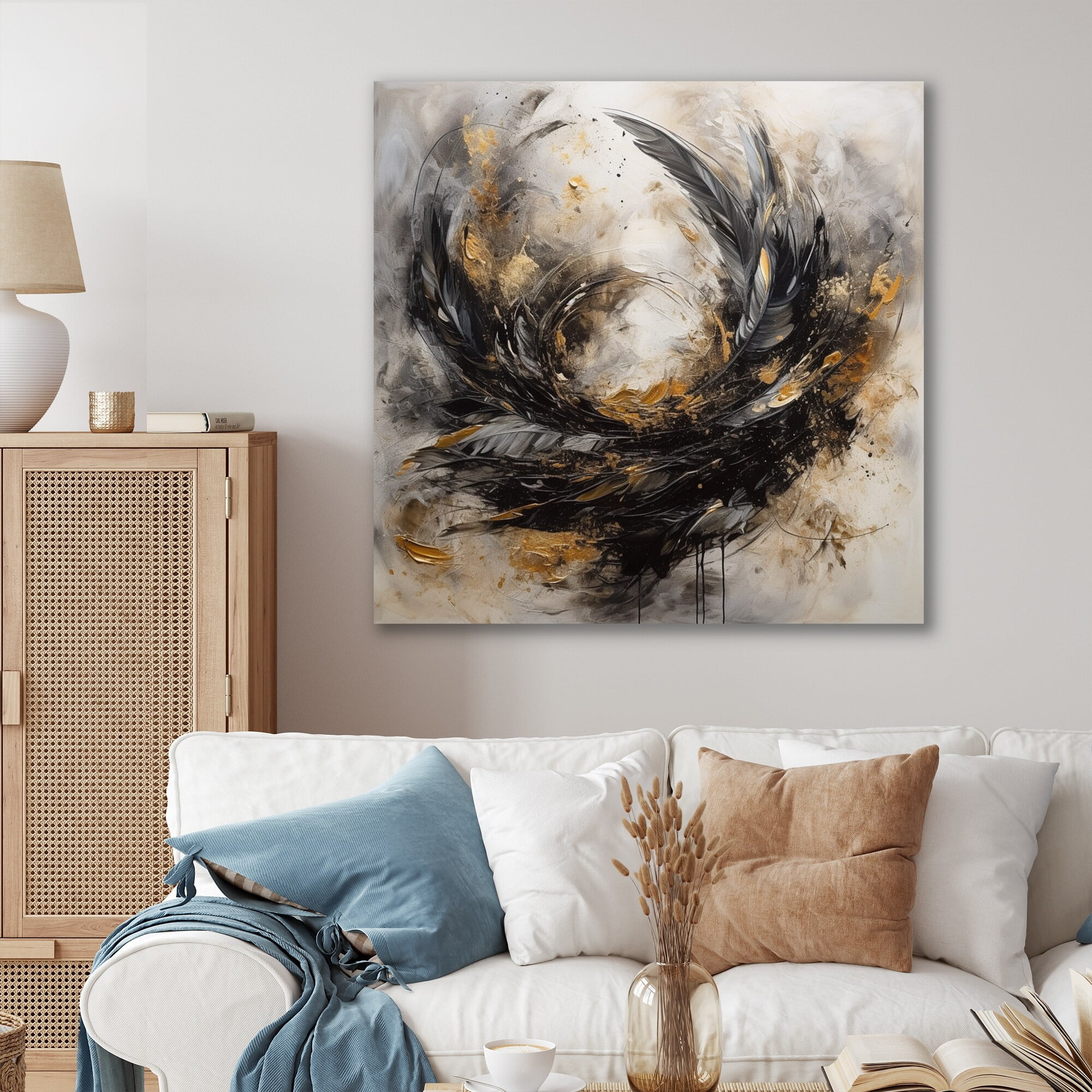DESIGN ART Designart "Gold And Black Expressions Of Freedom Ii" Boho Feather Canvas Prints 24 in ...