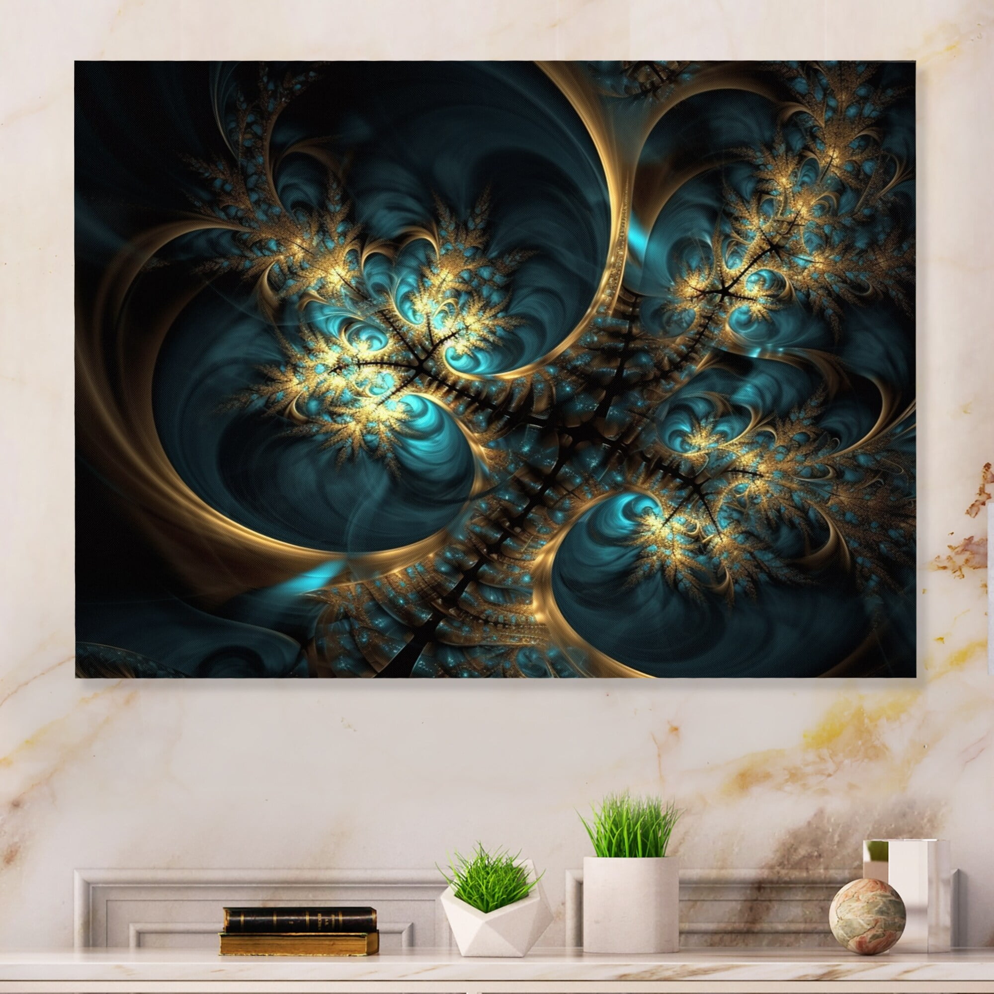 Designart "Surrendering to Fractals Gold and Blue II" Abstract Fractal ...