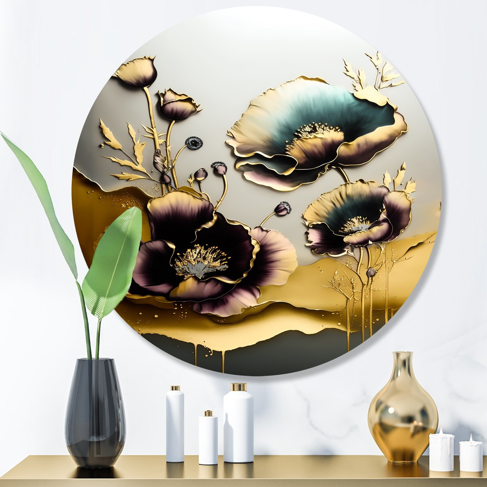 Designart "Euphoric Poppy Floral in Gold and Purple" Floral Poppy Metal ...