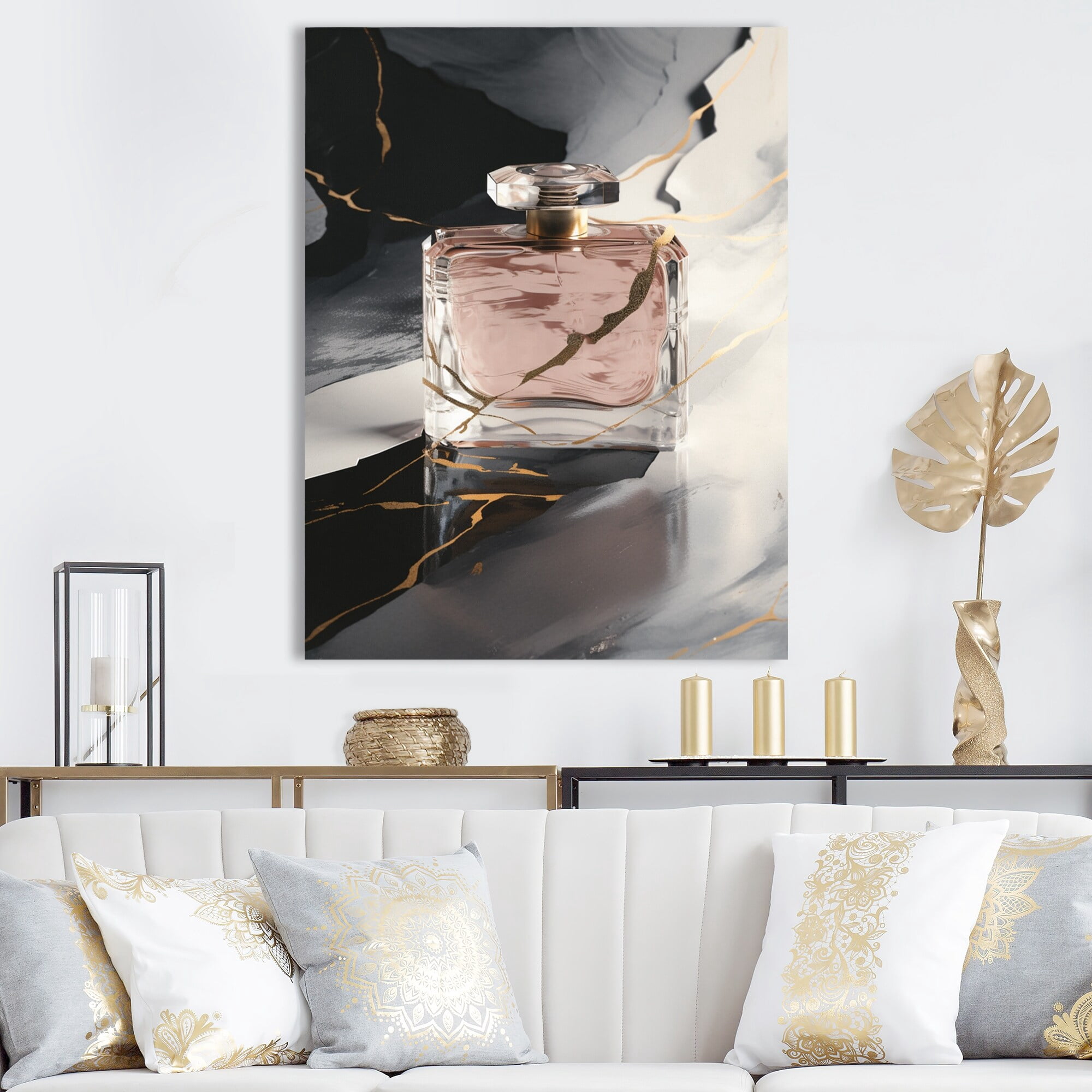 DESIGN ART Designart "Gold Perfume Couture Iii" Fashion Perfume Canvas ...