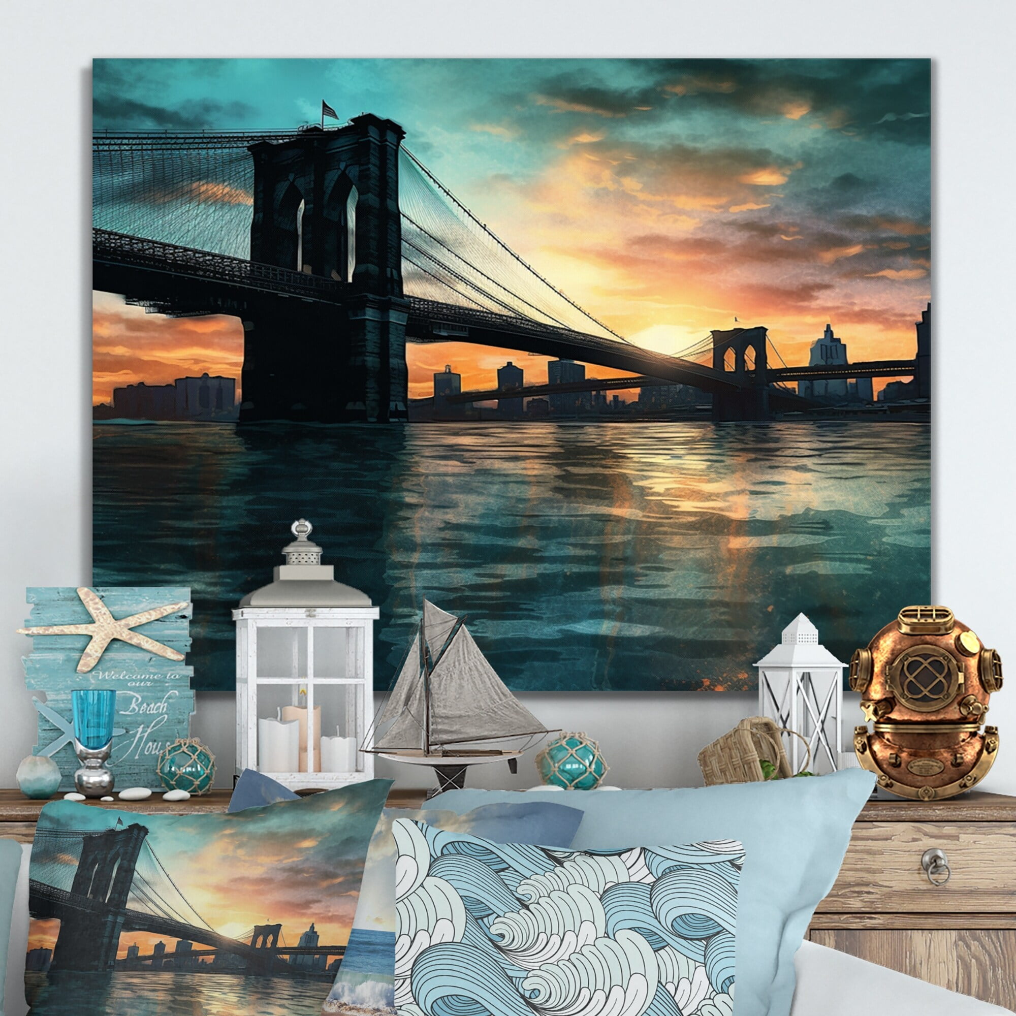 DESIGN ART Designart "Green And Pink Brooklyn At Sunset" City Art Deco ...