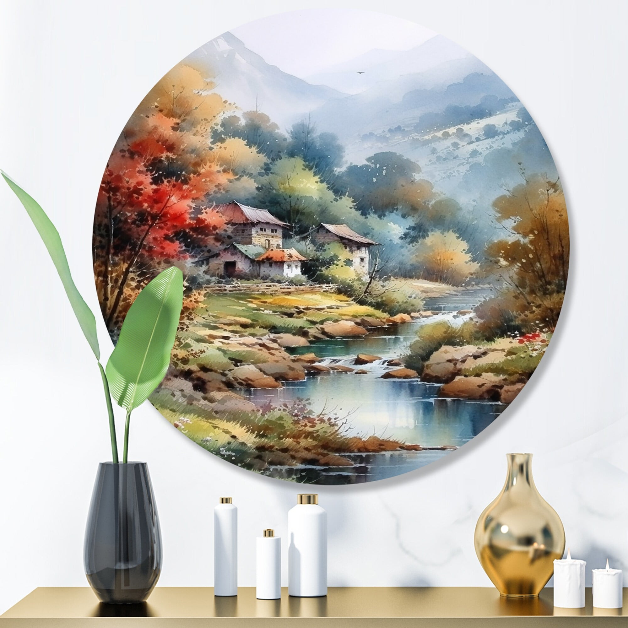 Designart "Old Village by the River and Mountains IV" Landscape ...