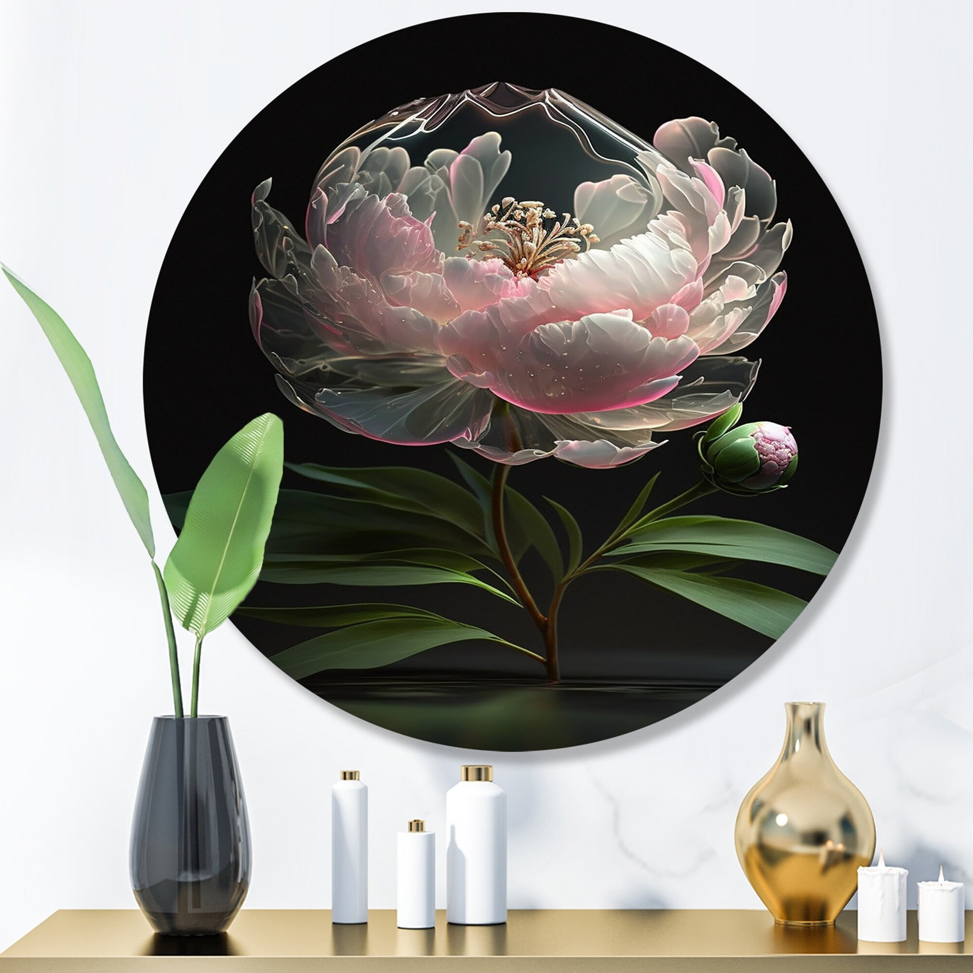 Designart "Petals of Pink and Green Peonies" Floral Peony Round Metal ...