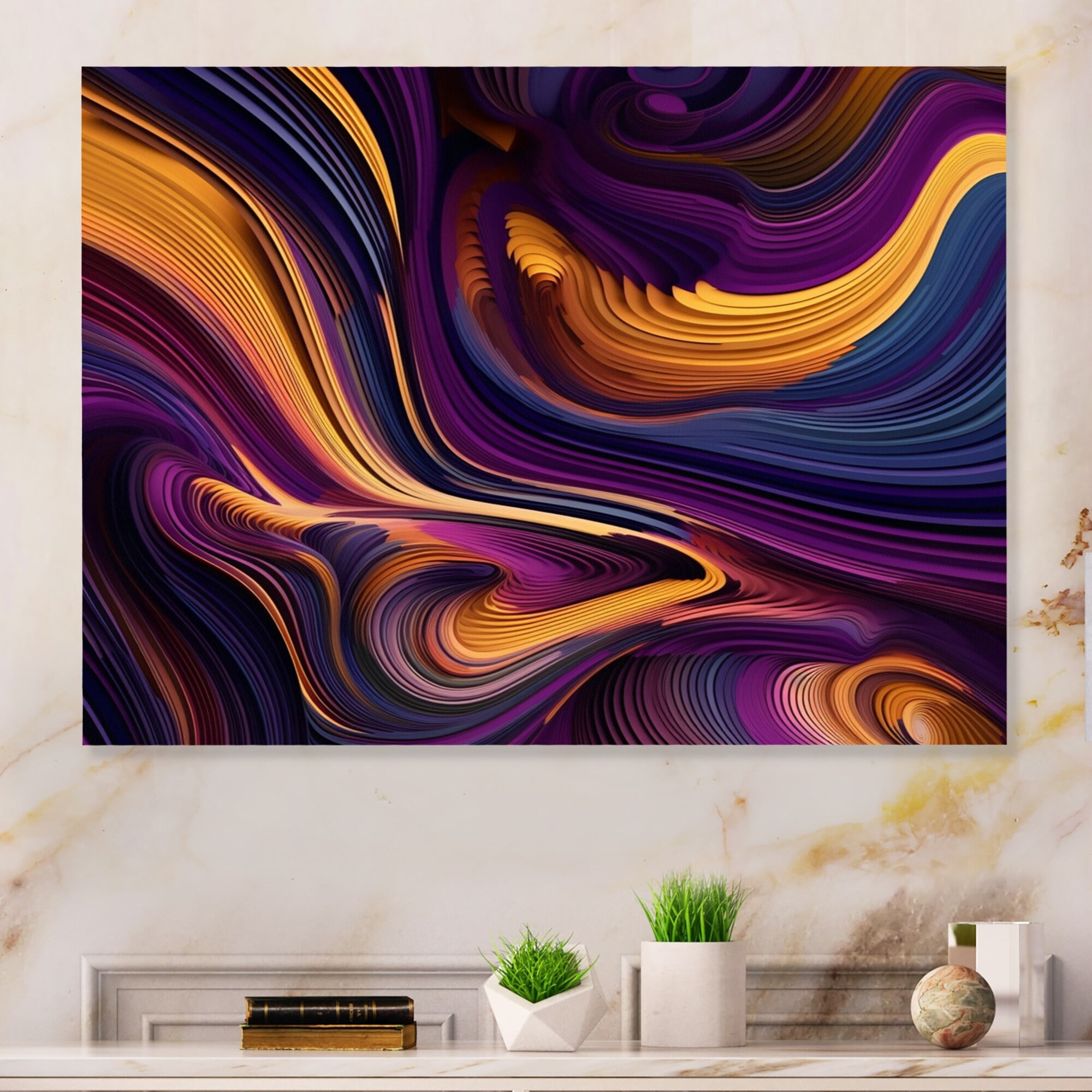DESIGN ART Designart "Purple Yellow Dancing Colors II" Modern Waves Metal Wall Art 32 in. wide x ...