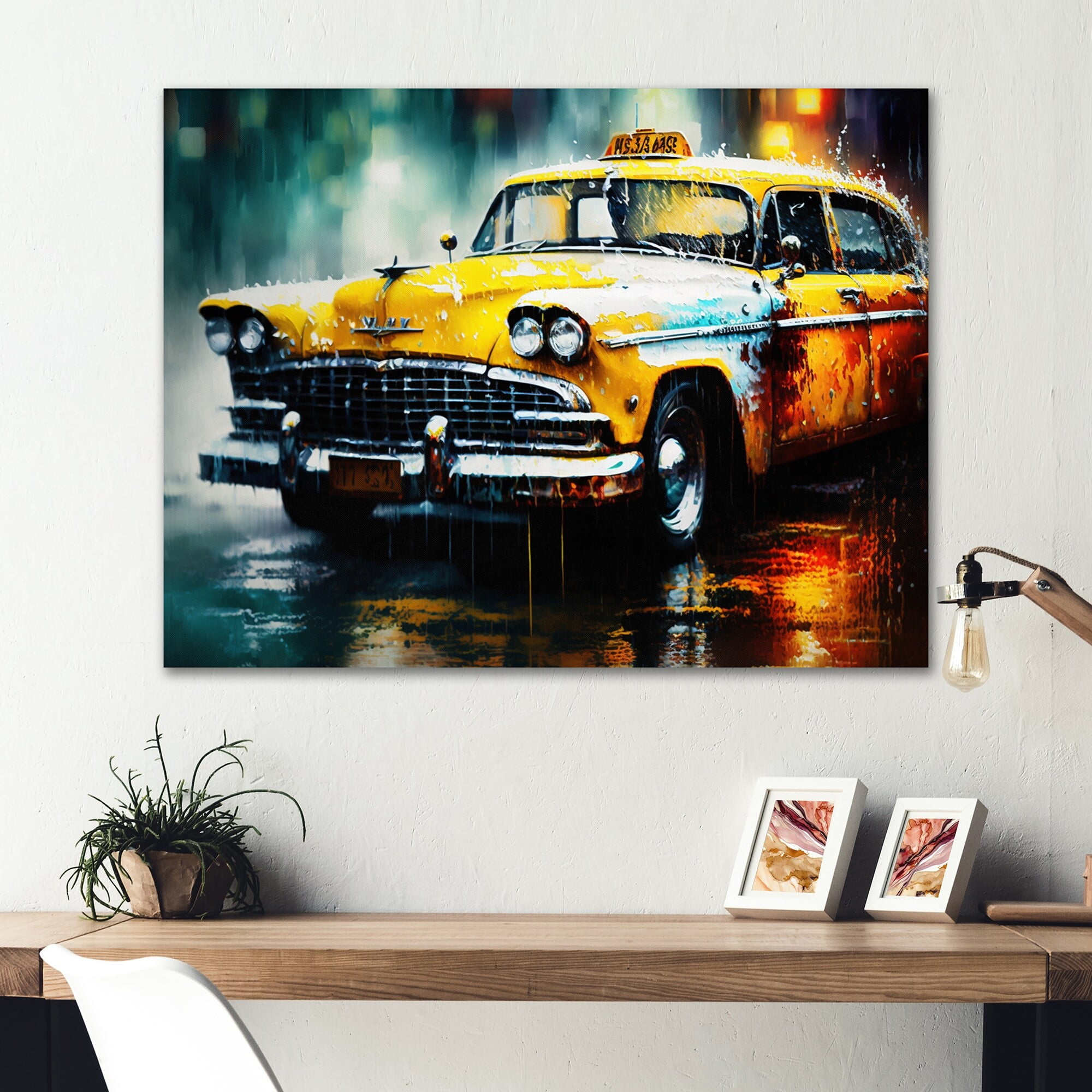 DESIGN ART Designart "Taxi In The Rain` I" Retro Car Metal Wall Art 20 ...